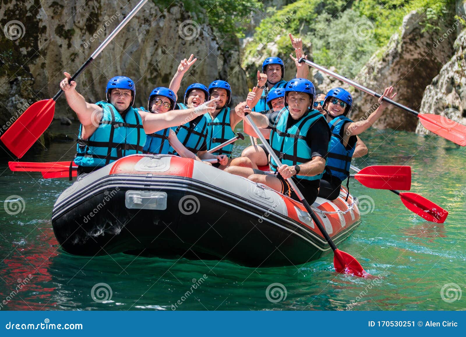 Happy Rafting Team on the Boat with Full Equipment Stock Image - Image ...