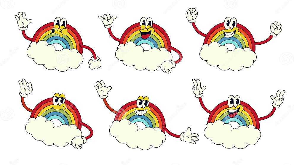 Happy Rainbow Cartoon Character Set in Different Pose Stock Vector ...