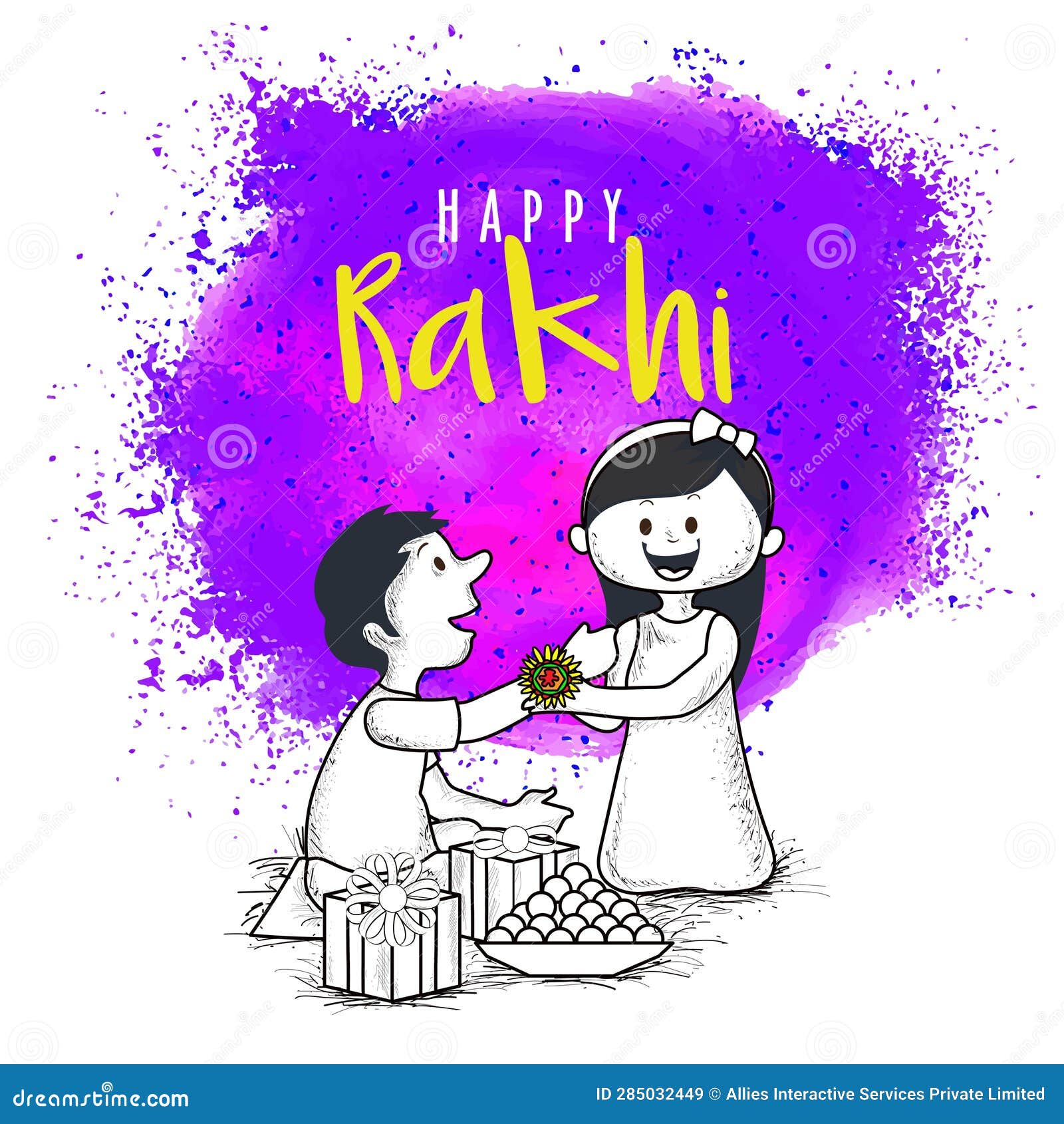 Happy Rakhi Celebration Concept With Doodle Style Illustration Of Cute Girl Tying Rakhi To Her