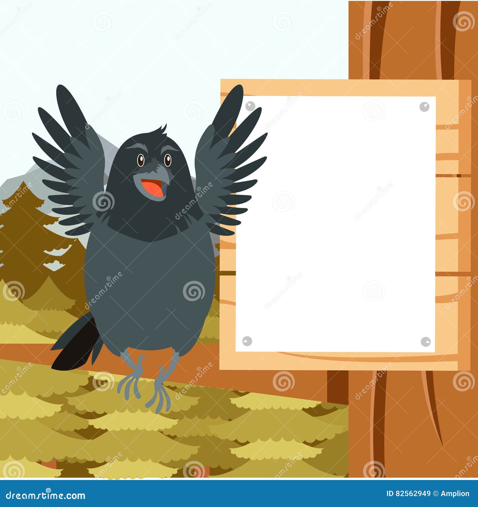 A Happy Raven Spreads Its Wings In A Vector Cartoon Illustration Style ...