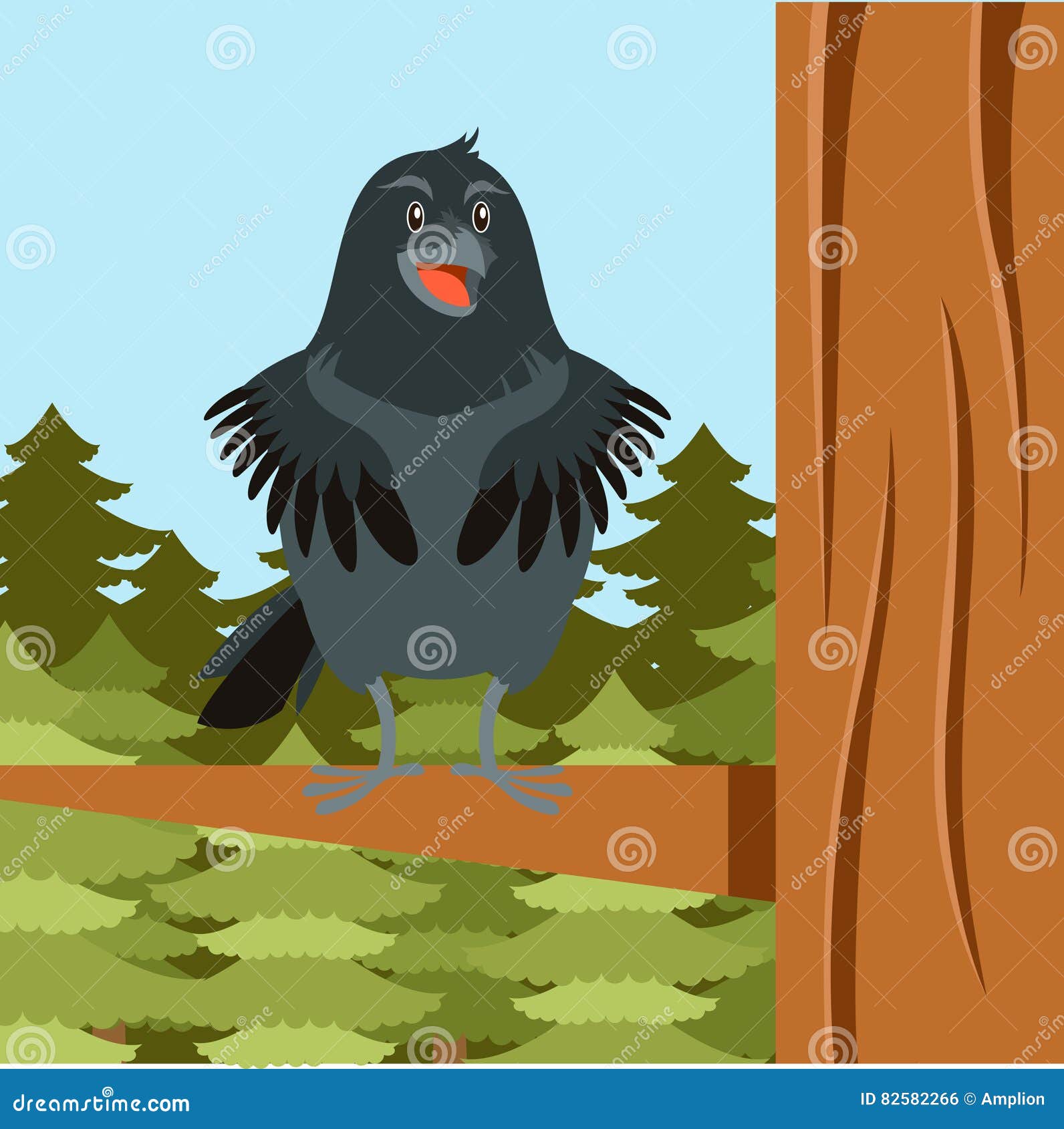 A Happy Raven Spreads Its Wings In A Vector Cartoon Illustration Style ...