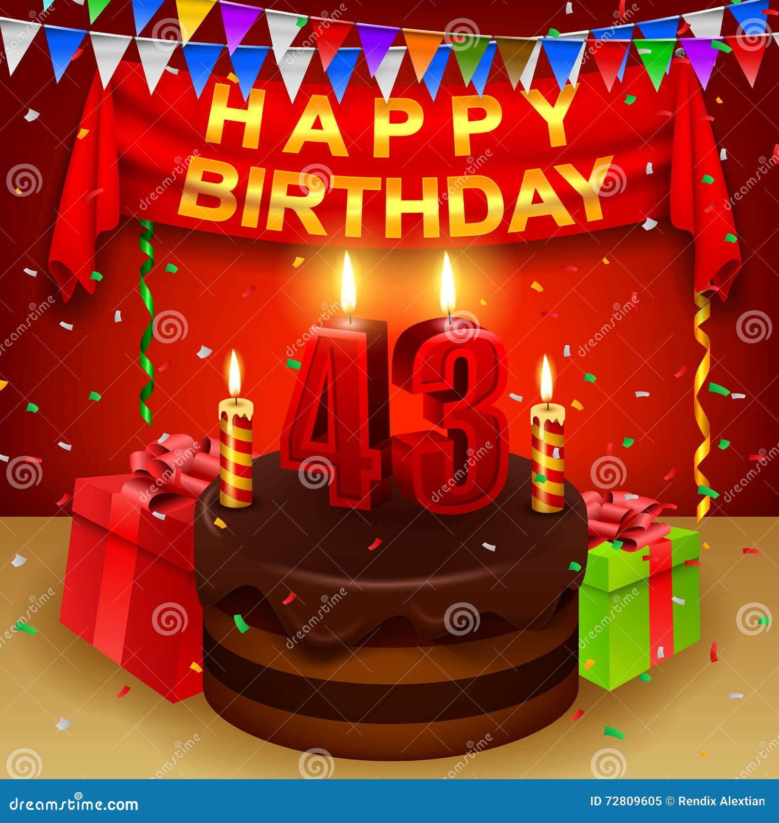 Happy 43rd Birthday with Chocolate Cream Cake and Triangular Flag Stock ...