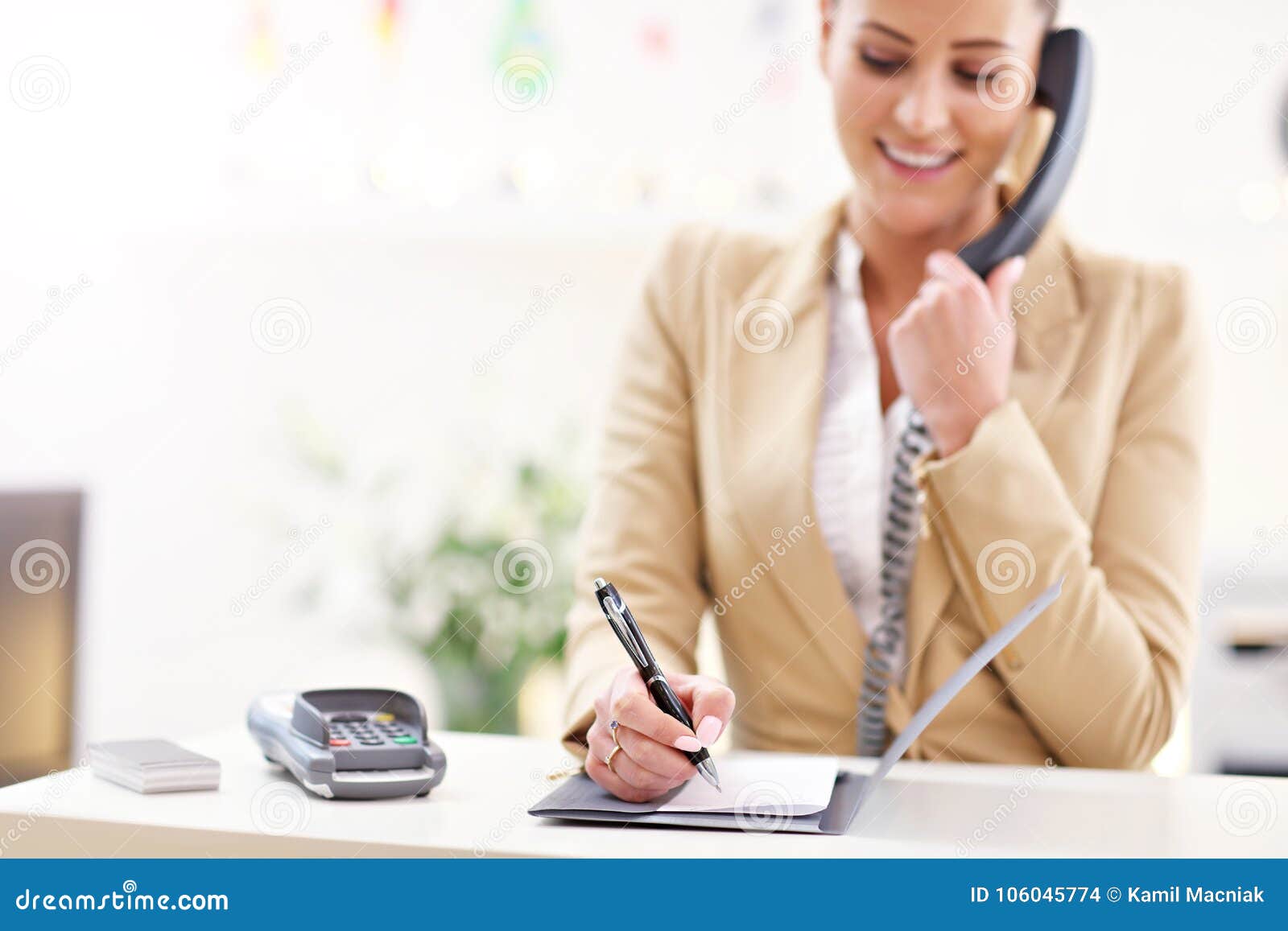 Happy Receptionist Working in Hotel Stock Photo - Image of family, card ...