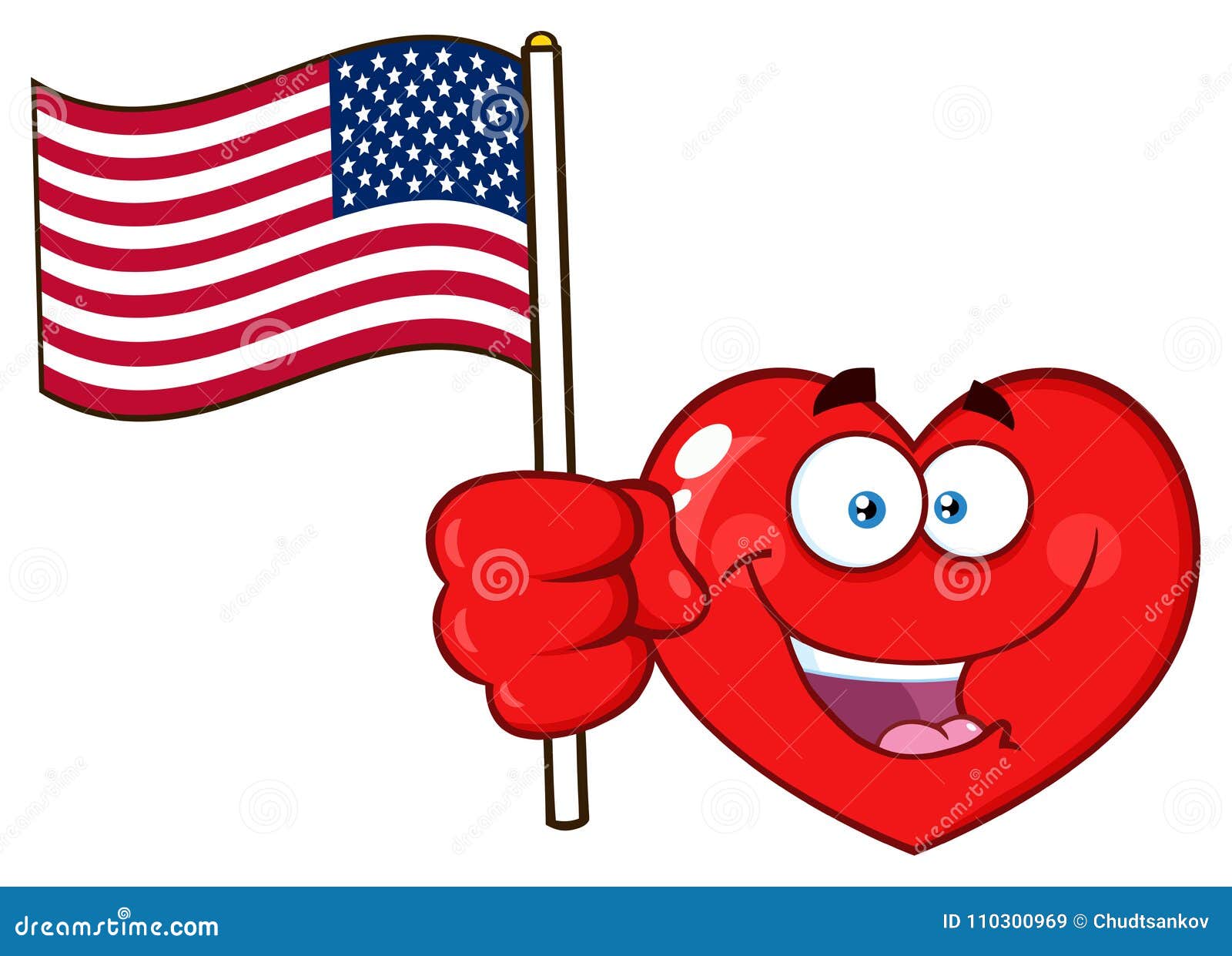 Happy Red Heart Cartoon Emoji Face Character Holding an American Flag ... Happy Red Heart Cartoon Emoji Face Character Holding an American Flag ...