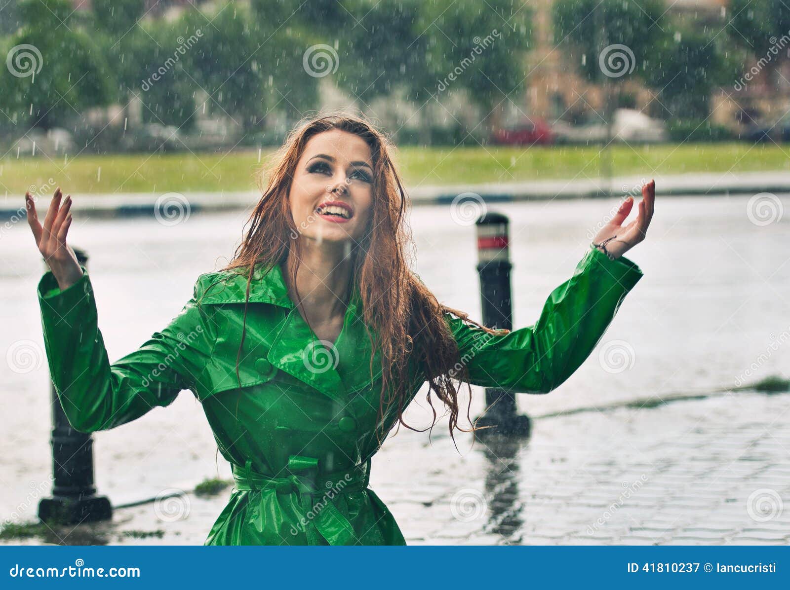 Happy Redhead Enjoying The Rain Drops In The Park Stock Image Image