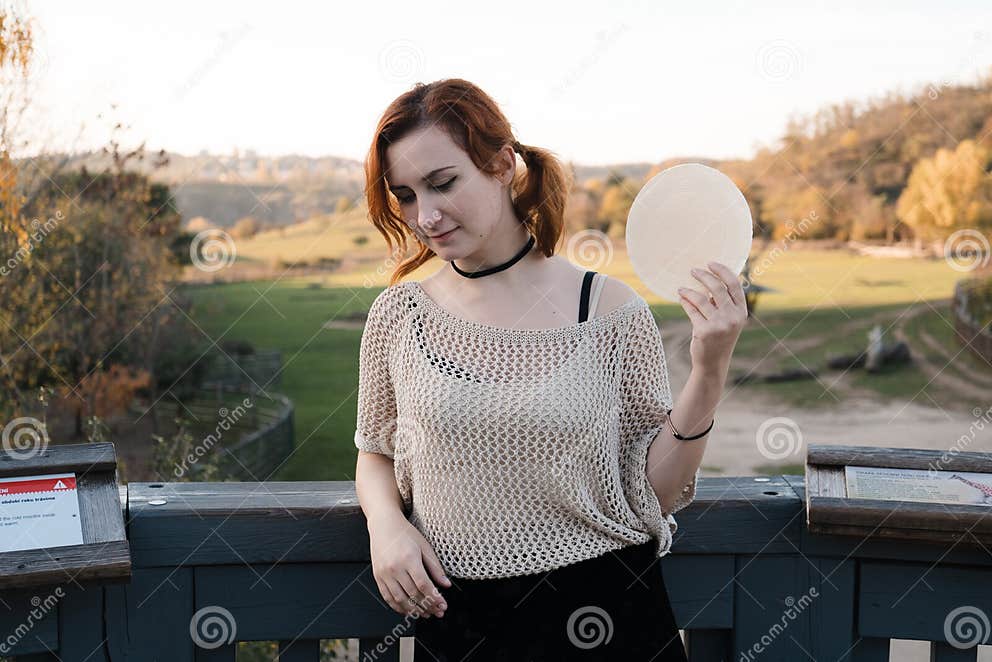 Happy Redhead Woman Enjoys Tradicional Czech Sweet Waffer Food Oplatky