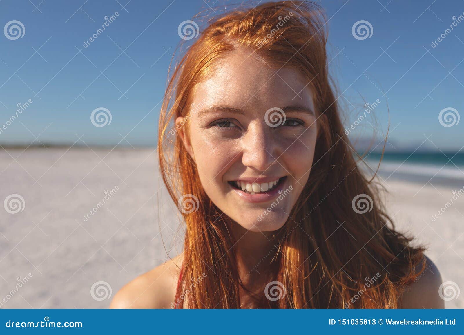 Happy Redhead Woman Standing On The Beach Stock Image Image Of Nature