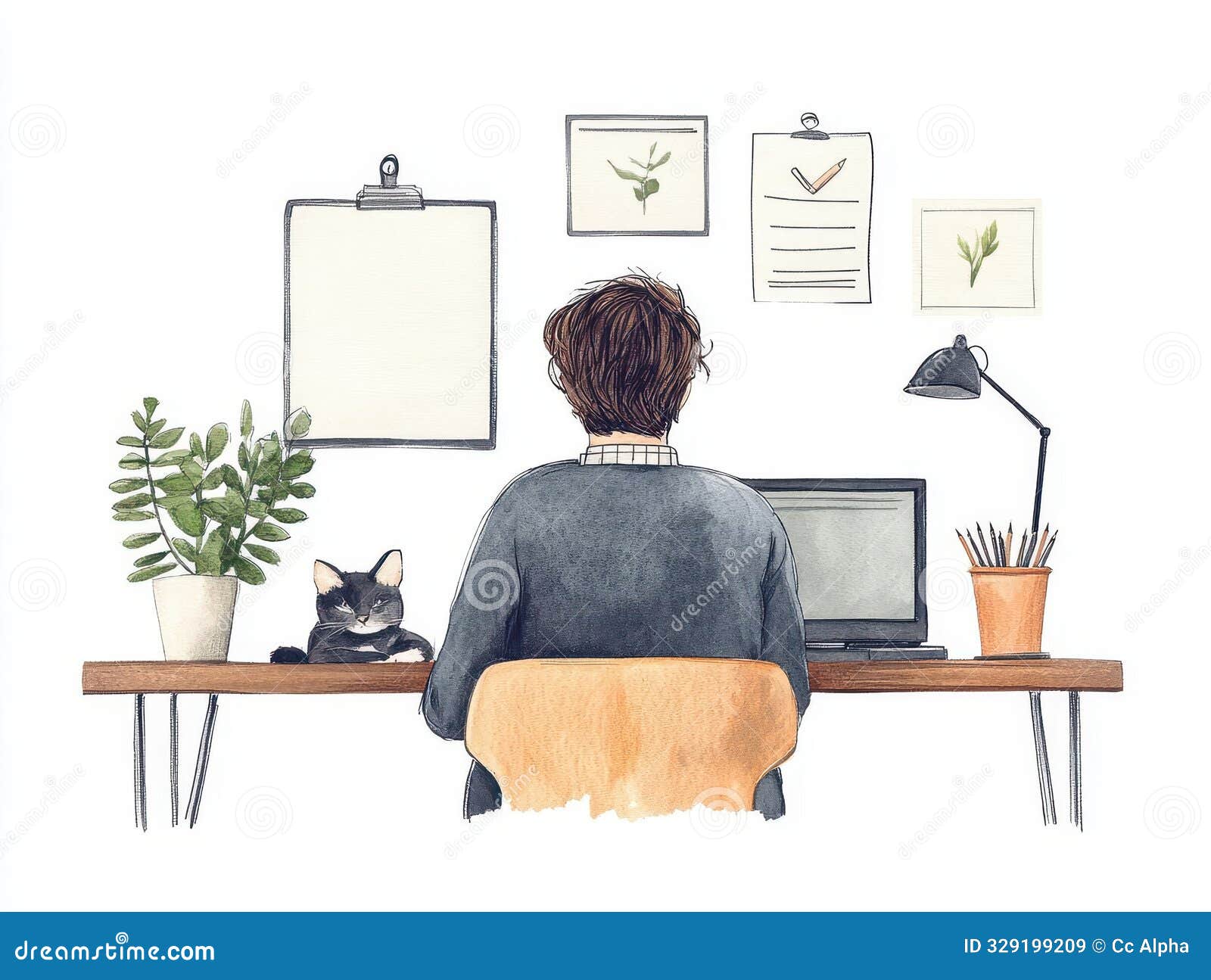 Happy Remote Worker, Productive Day, Home Office, Watercolor Style ...