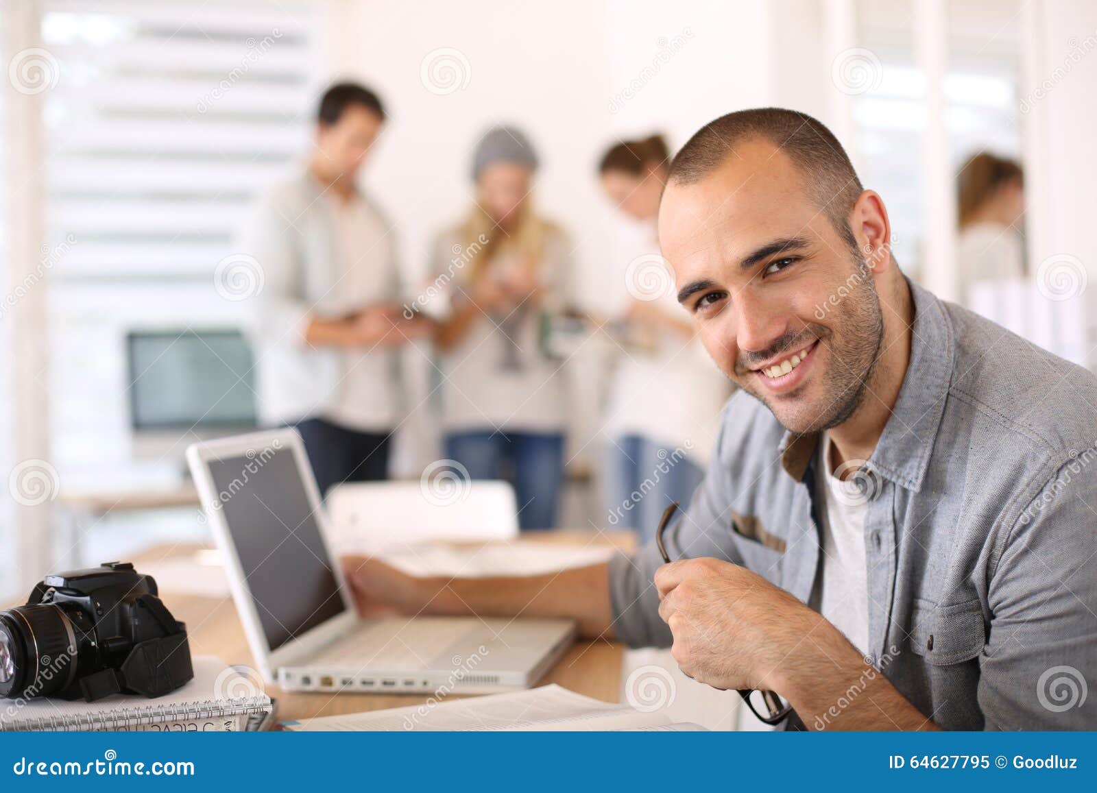 Happy Reporter Using Laptop at Office Stock Image - Image of casual ...