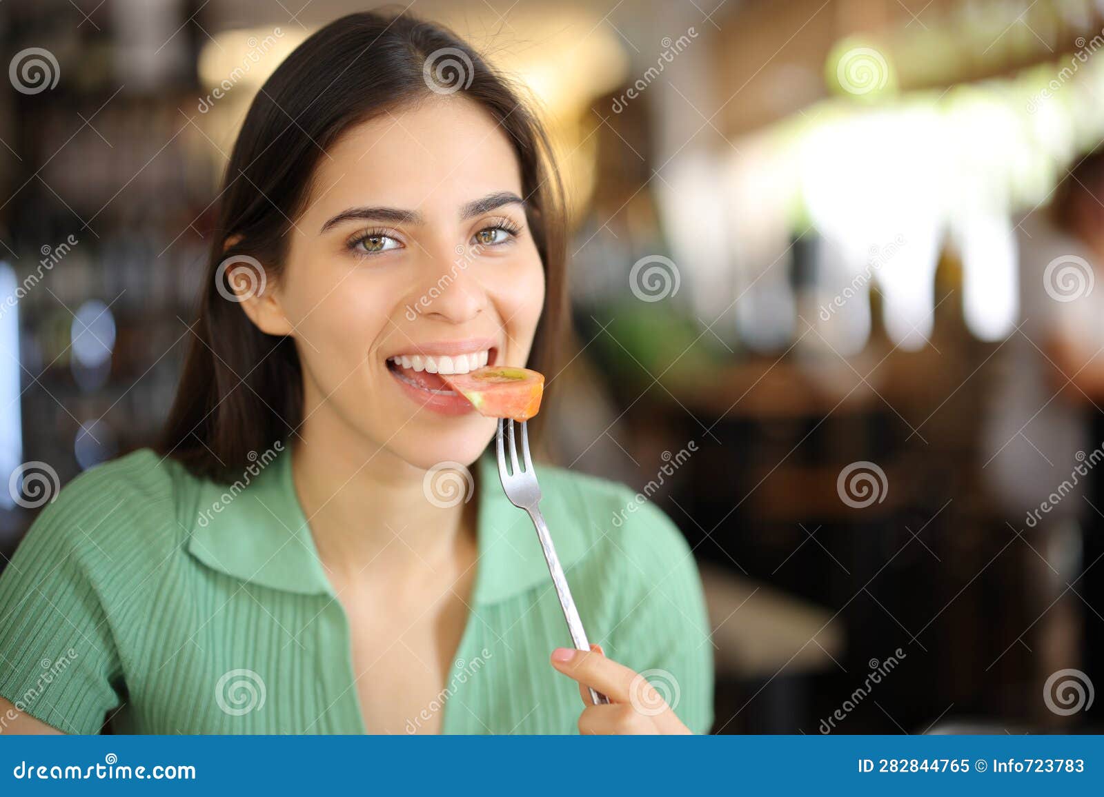 Happy Restaurant Customer Eating Tomato Stock Image - Image of fruit ...