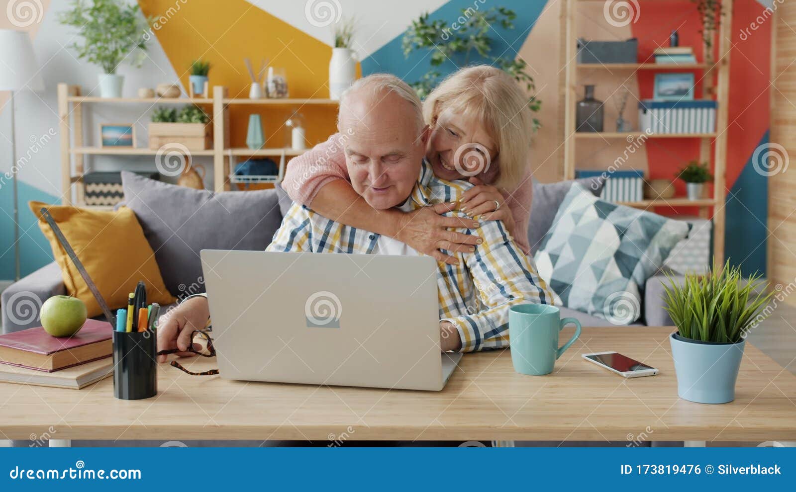 Happy Retired People Using Computer Talking Hugging Expressing Love and ...