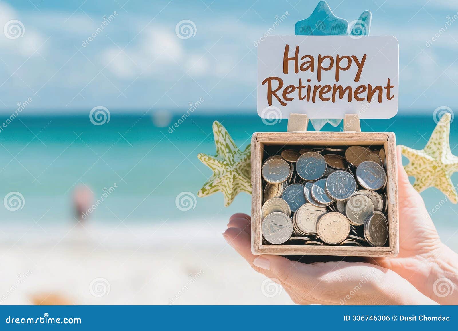 Happy Retirement Celebration with Treasure Box of Coins by Beach Stock ...