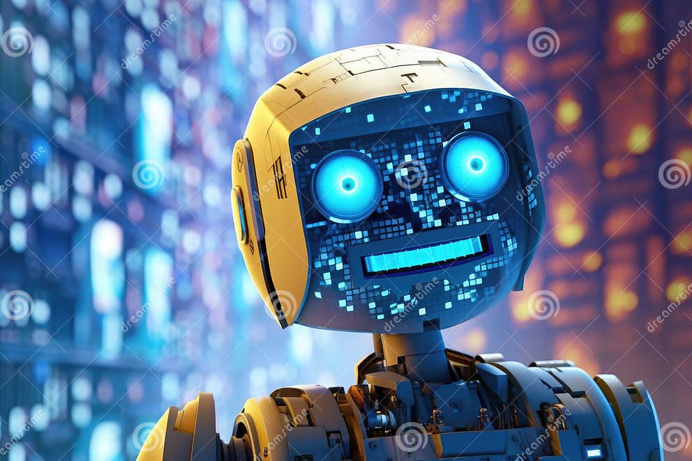 Happy Robot Head Isolated on Technology Background. Stock Illustration ...