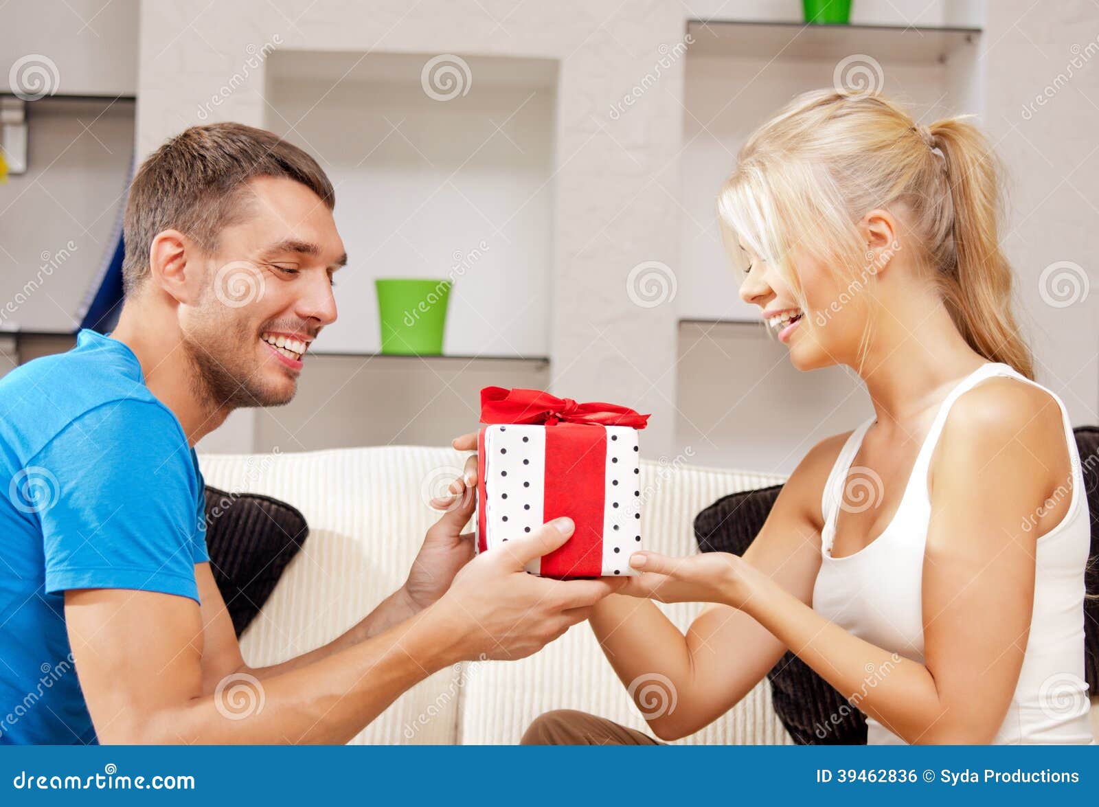 Happy Romantic Couple with Gift Stock Photo - Image of male, beautiful ...