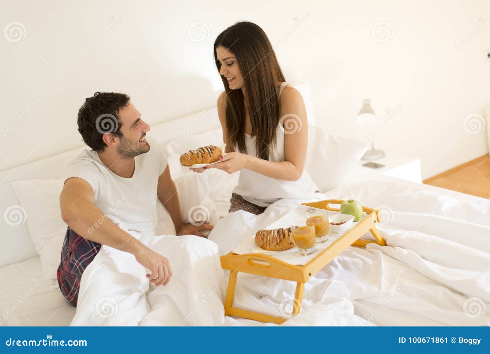 Romantic Couple Having Breakfast in Bed Stock Image - Image of husband ...