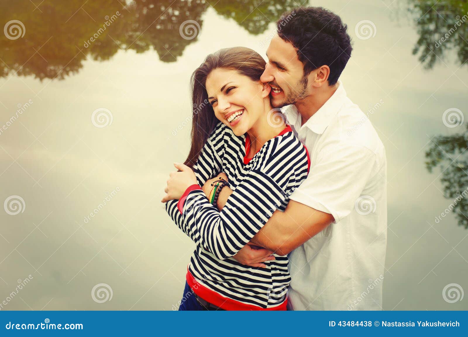 Happy Romantic Wide Smile Couple In Love At The Lake Outdoor On Stock