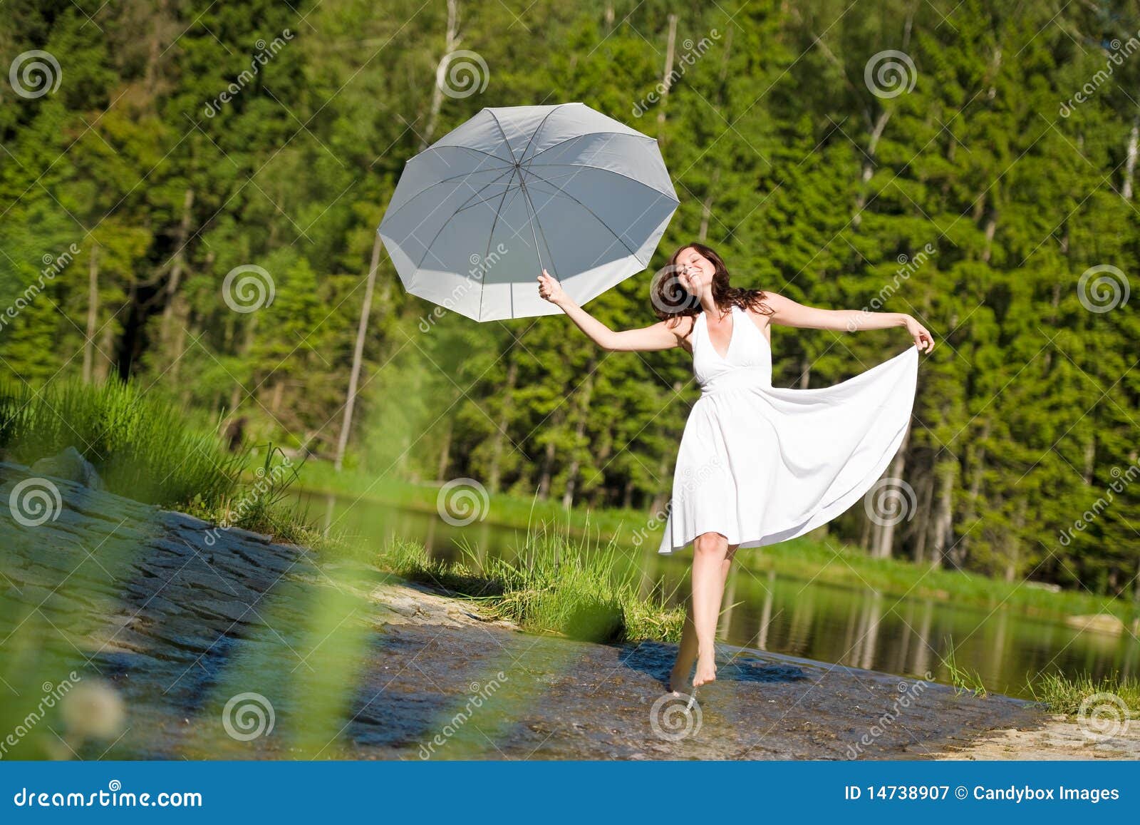 Happy Romantic Woman with Parasol in Sunlight Stock Image - Image of ...