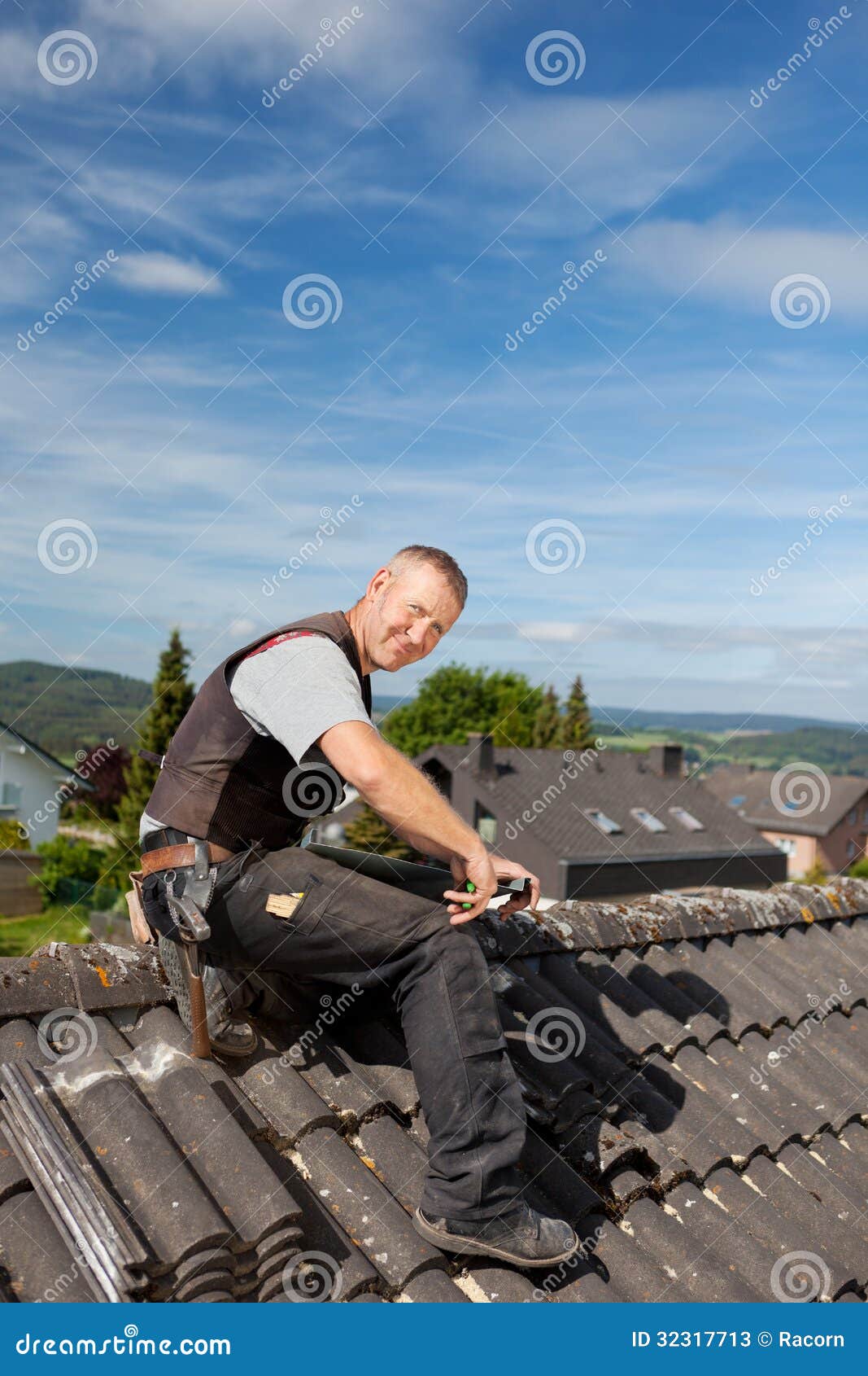 Happy Roofer Working on a Roof Tile Stock Image - Image of framework ...