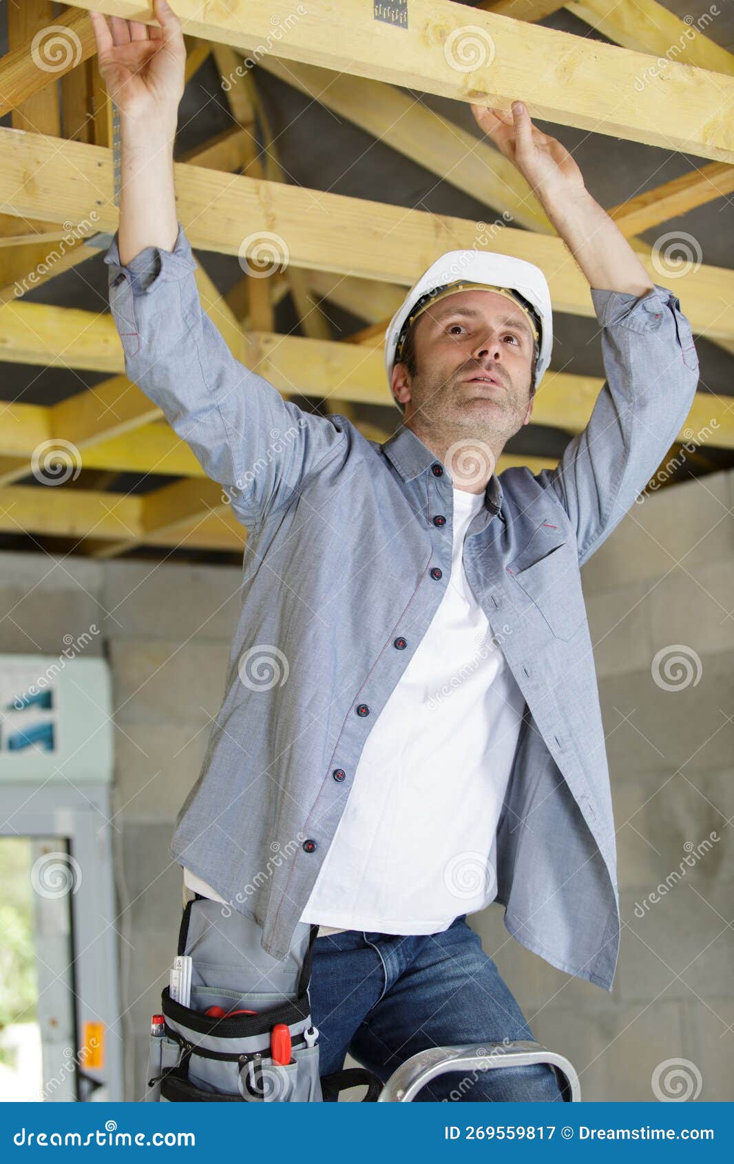 Happy Roofermaker Using Hammer in Traditional Construction Stock Image ...