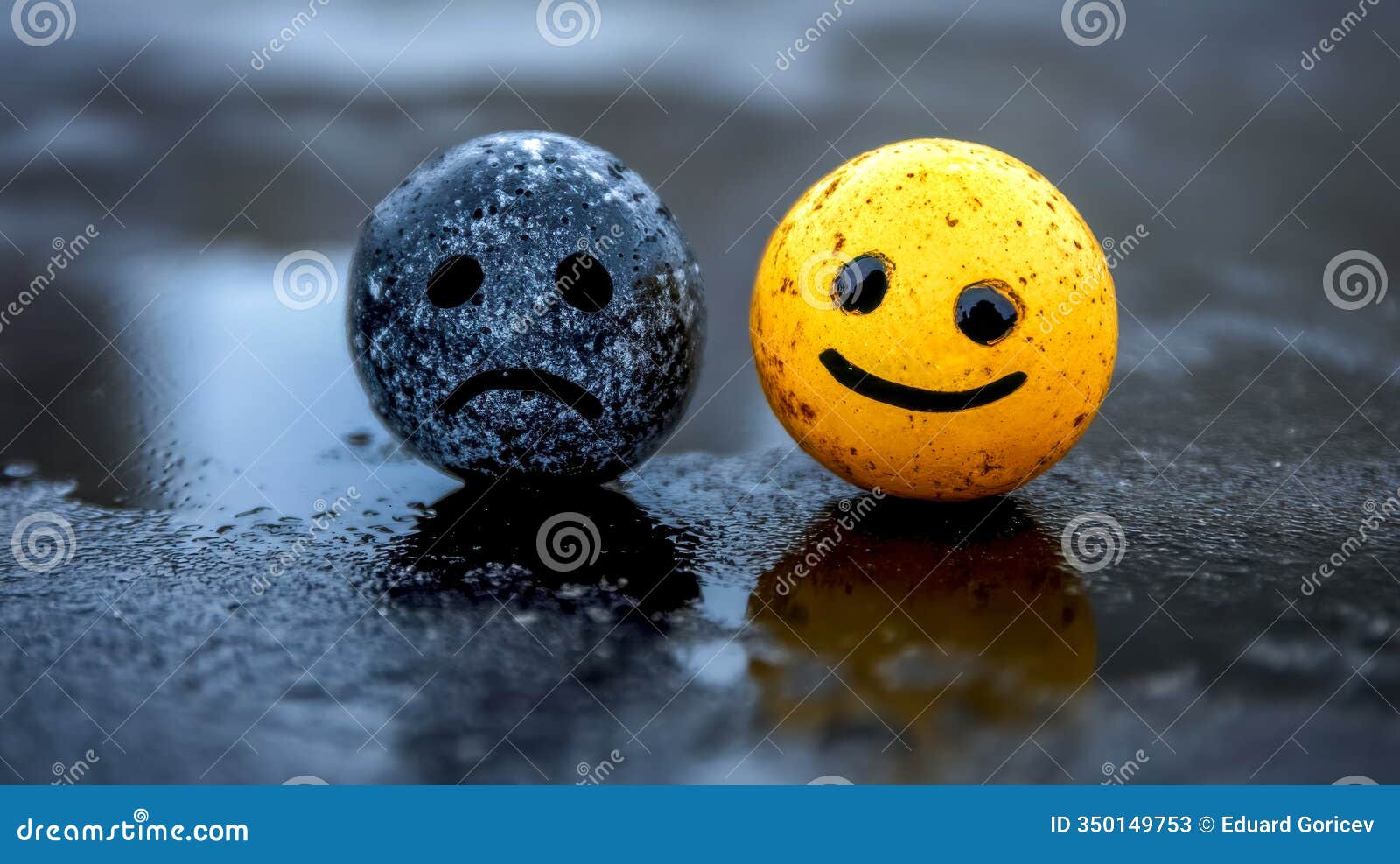 Happy and Sad Faces Symbolizing Opposing Emotions on Wet Surface Stock ...