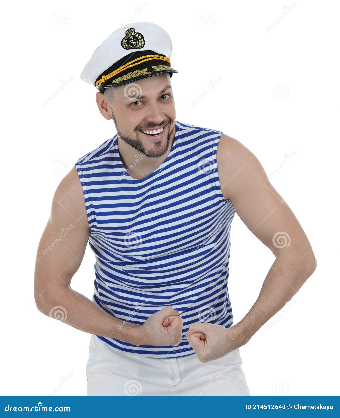 Happy Sailor Showing Biceps on White Background Stock Photo - Image of ...
