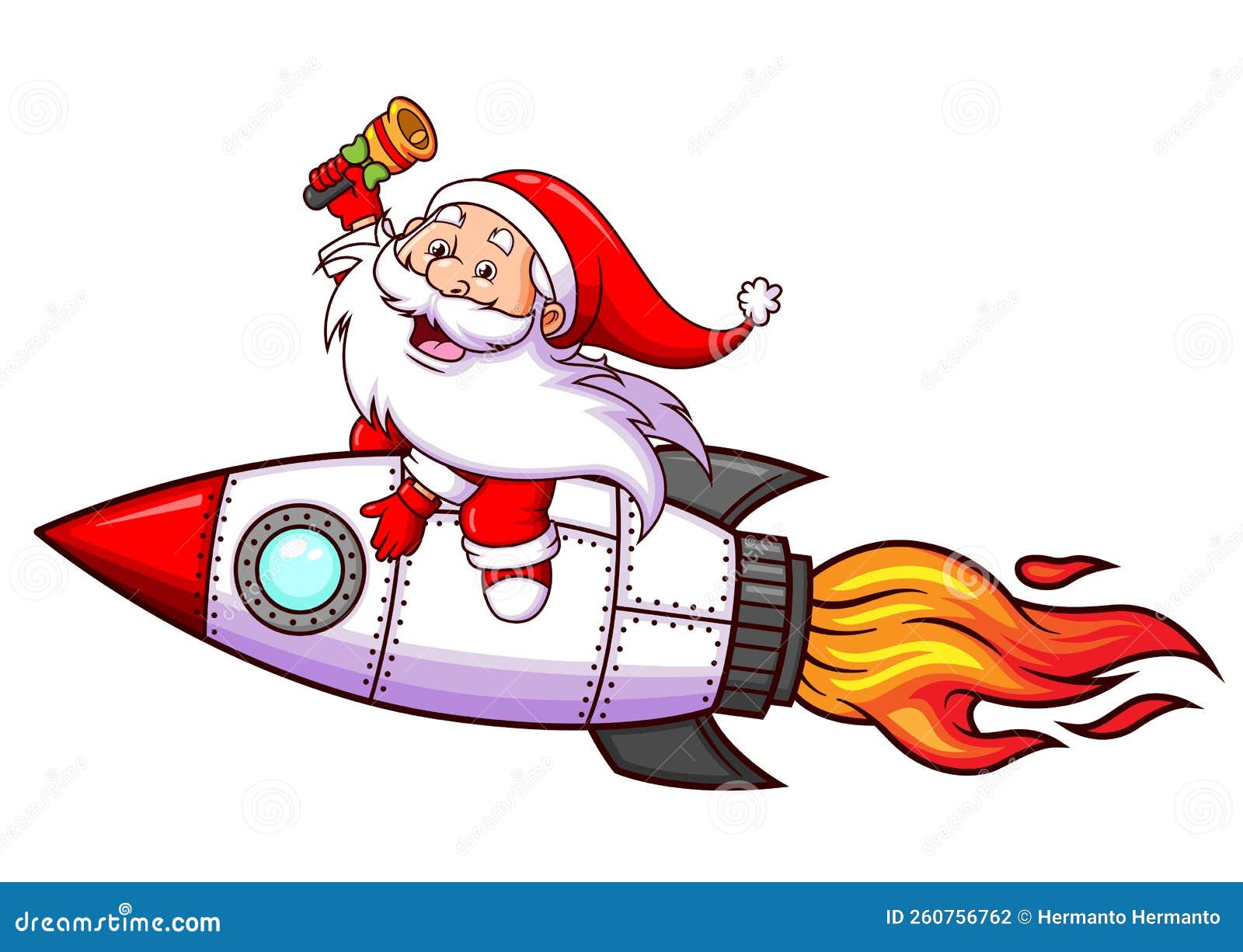 The Happy Santa Claus is Flying with the Rocket and Ringing the Bell in ...