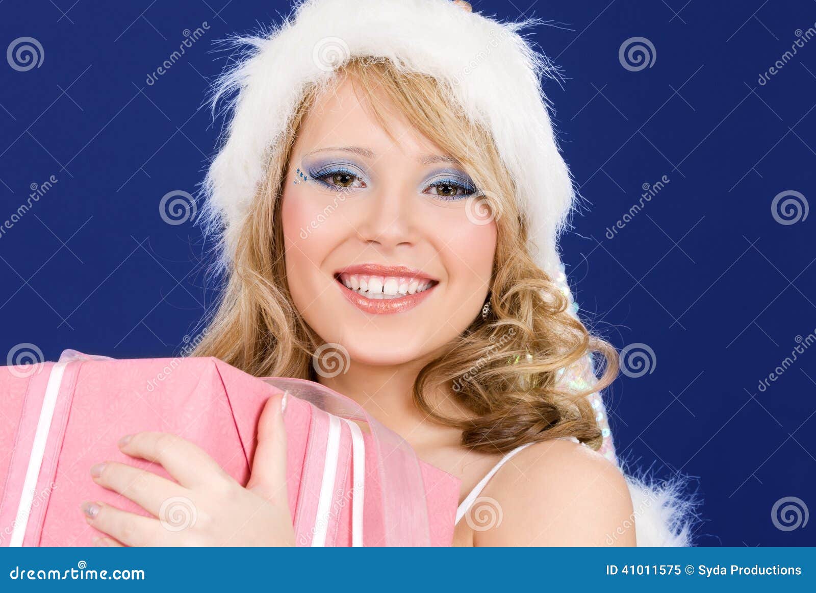 Happy Santa Helper with Gift Box Stock Image - Image of pink, babe ...