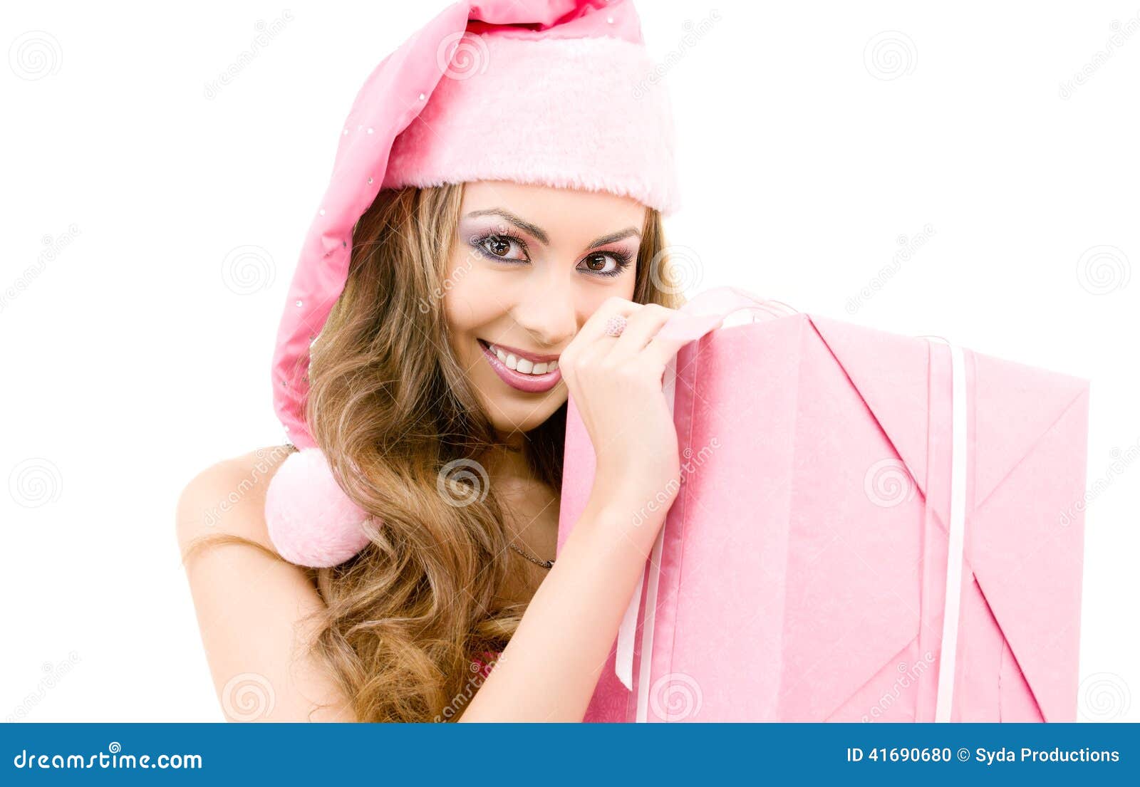 Happy Santa Helper with Gift Box Stock Photo - Image of happy, joyful ...