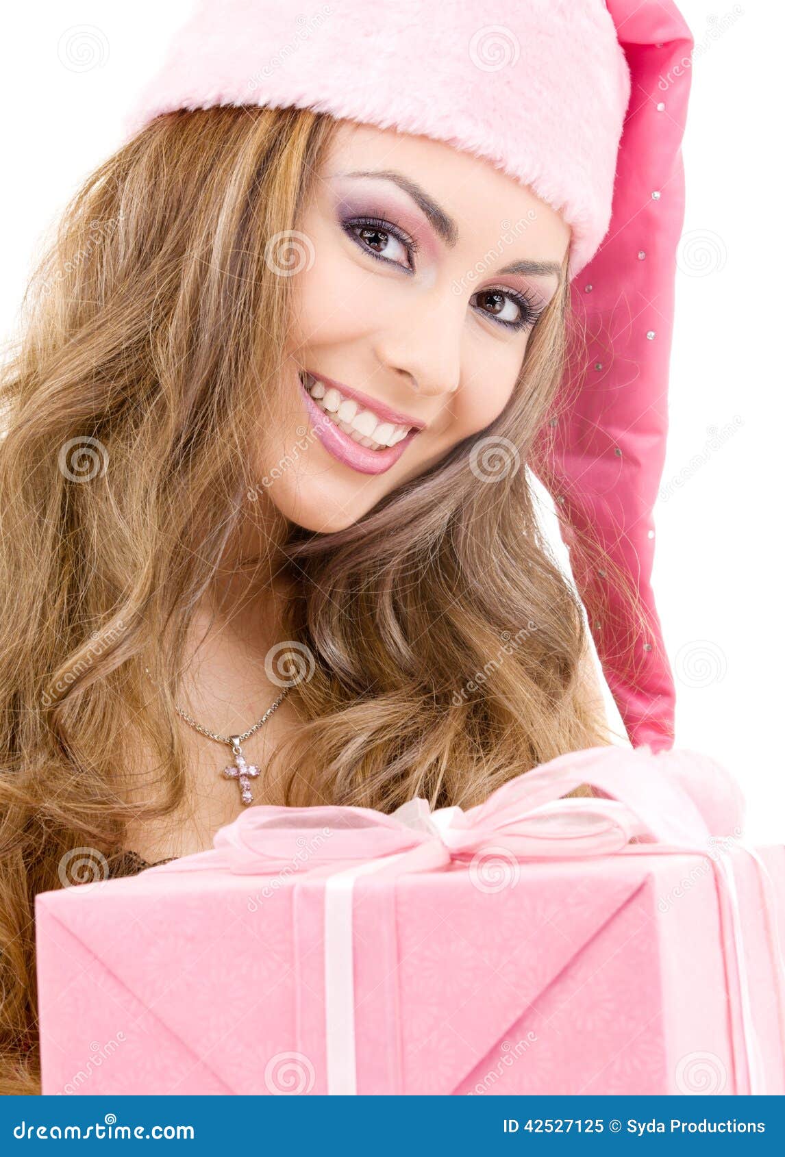 Happy Santa Helper with Gift Box Stock Image - Image of girl, enjoying ...
