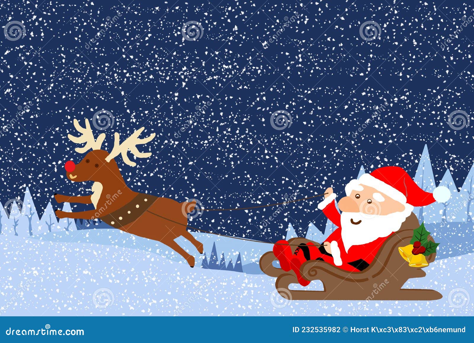Happy Santa in His Christmas Sled Being Pulled by Reindeer Stock Photo ...