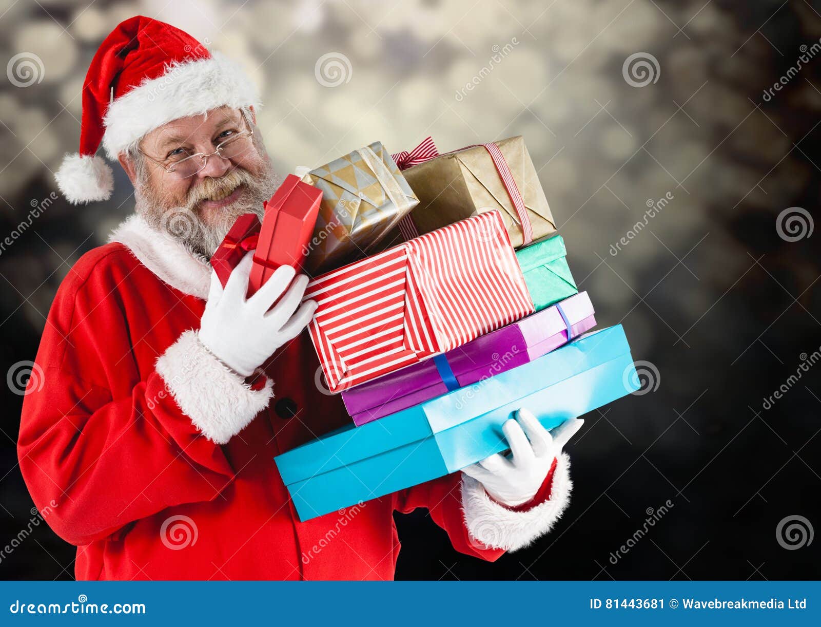 Happy Santa Holding Stack of Gifts Boxes Stock Image - Image of ...