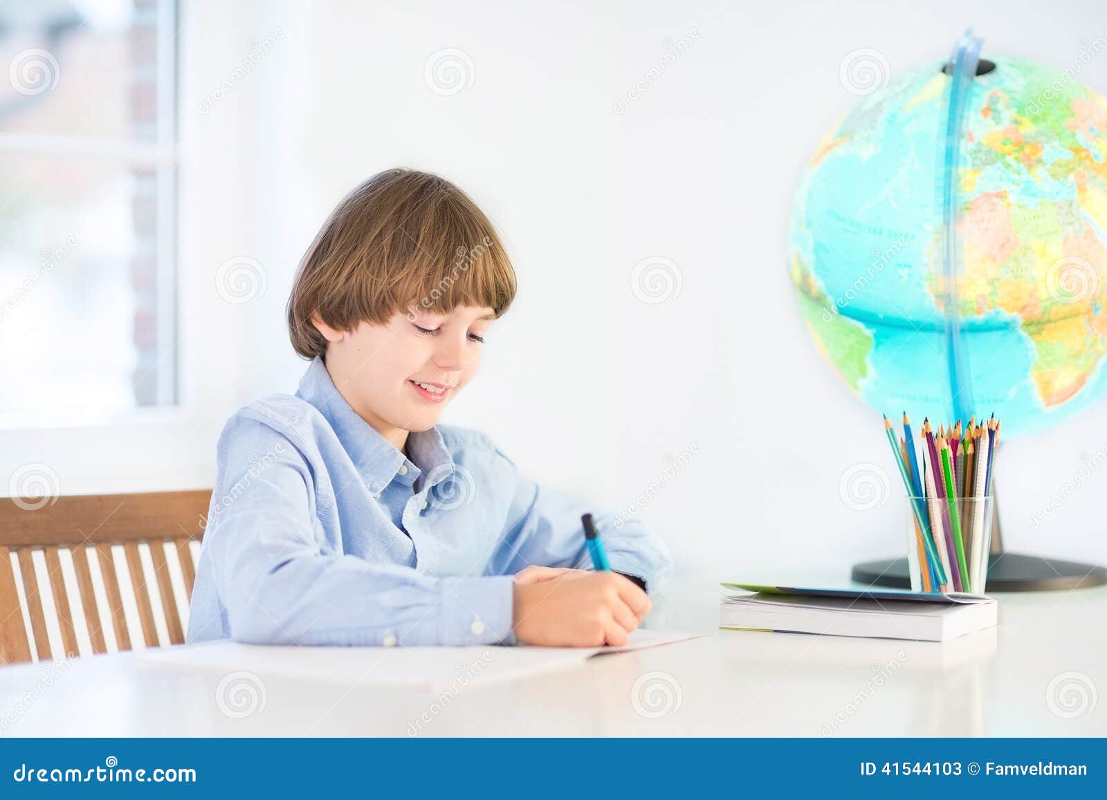 Happy School Boy Doing His Homework Stock Image - Image of craft ...