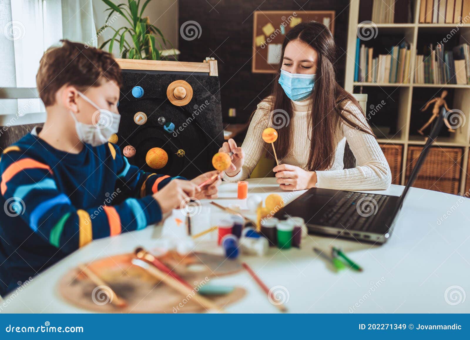 School Boy and Girl with Protective Mask Making a Solar System for a ...
