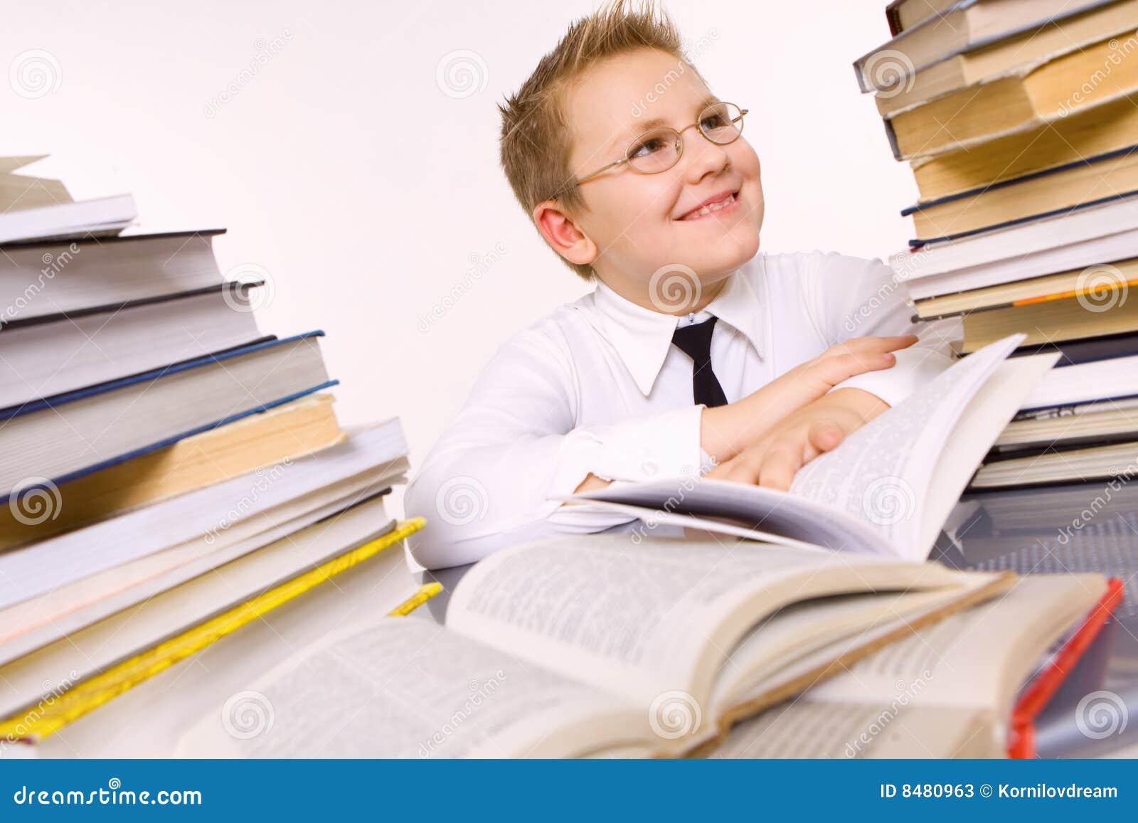 Happy School Boy Surrounded by Books Stock Image - Image of classroom ...
