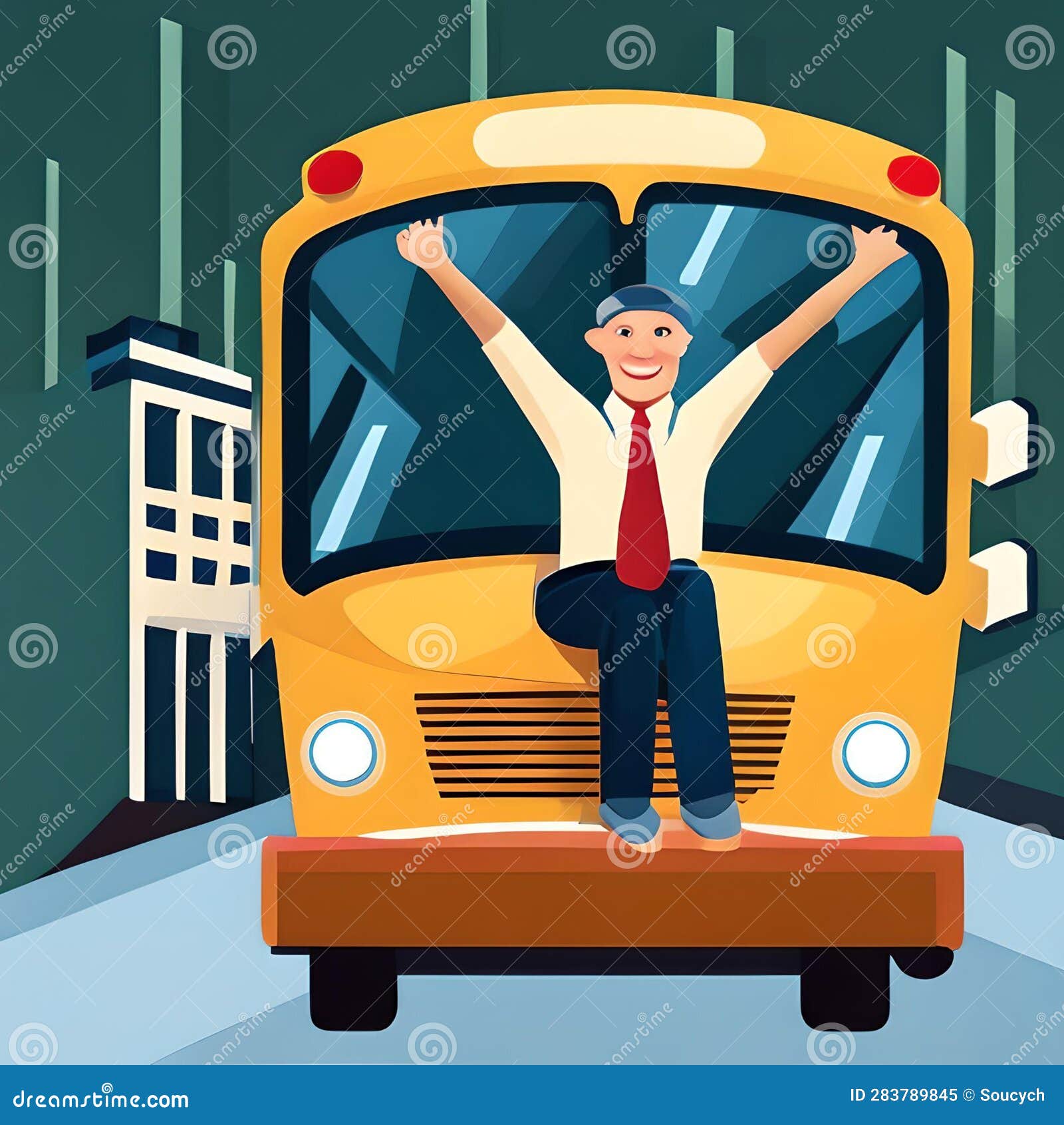 Happy School Bus Driver Sitting on the Front of a Yellow School Bus ...