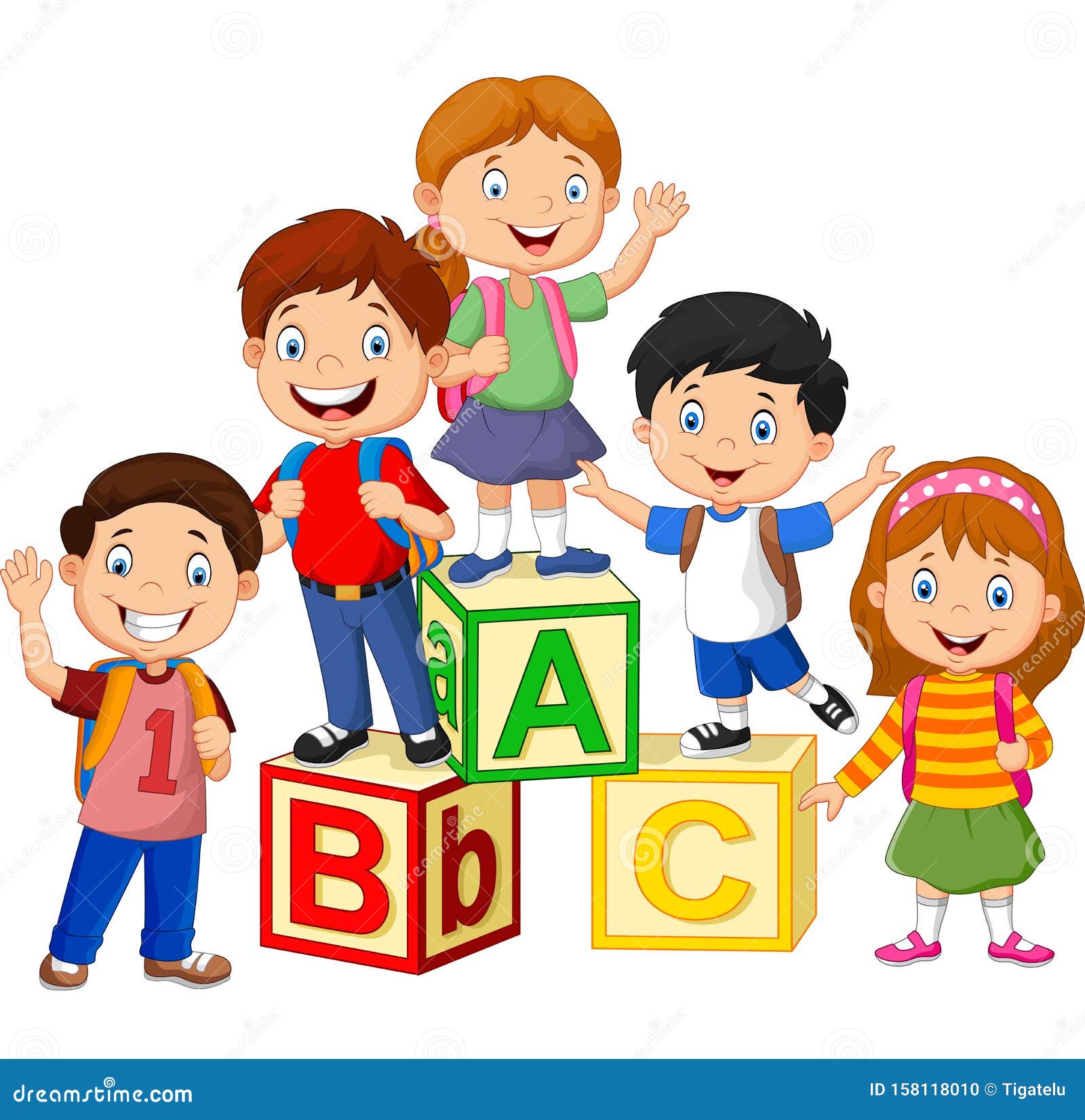 Happy School Children With Alphabet Blocks Vector Illustration ...