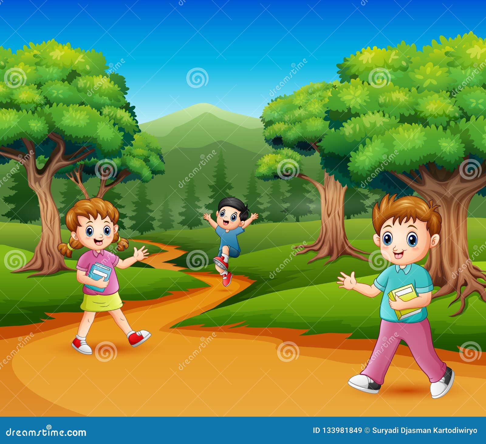 Happy School Children in the Forest Stock Vector - Illustration of ...