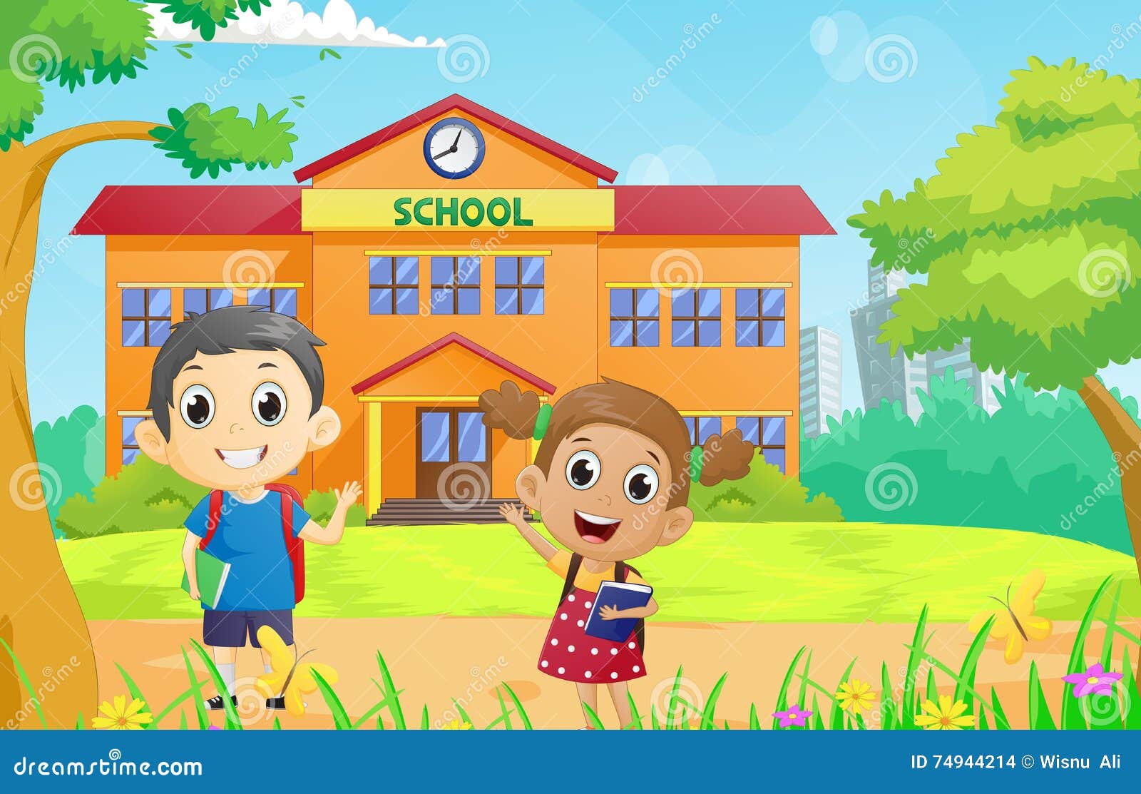 Happy School Children In Front Of The School Building Vector ...