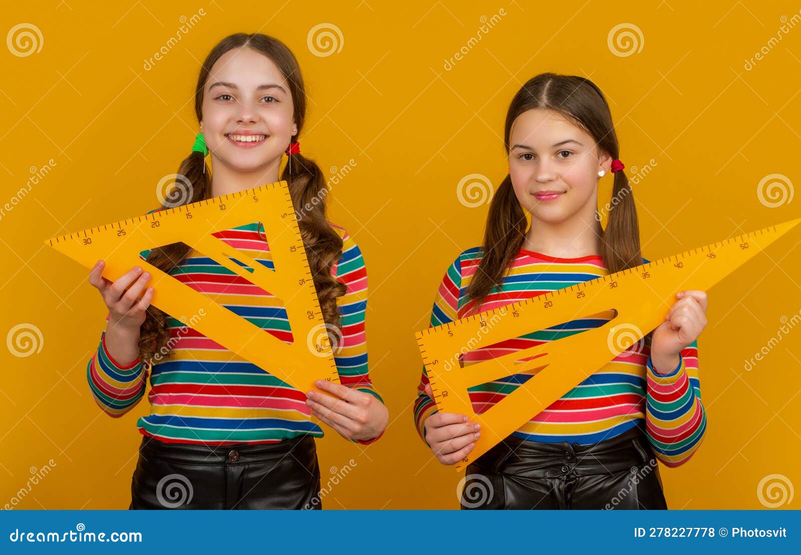 Happy School Children Hold Math Tool of Triangle Stock Photo - Image of ...