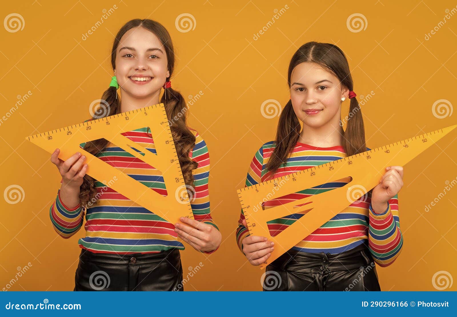Happy School Children Hold Math Tool of Triangle Stock Photo - Image of ...