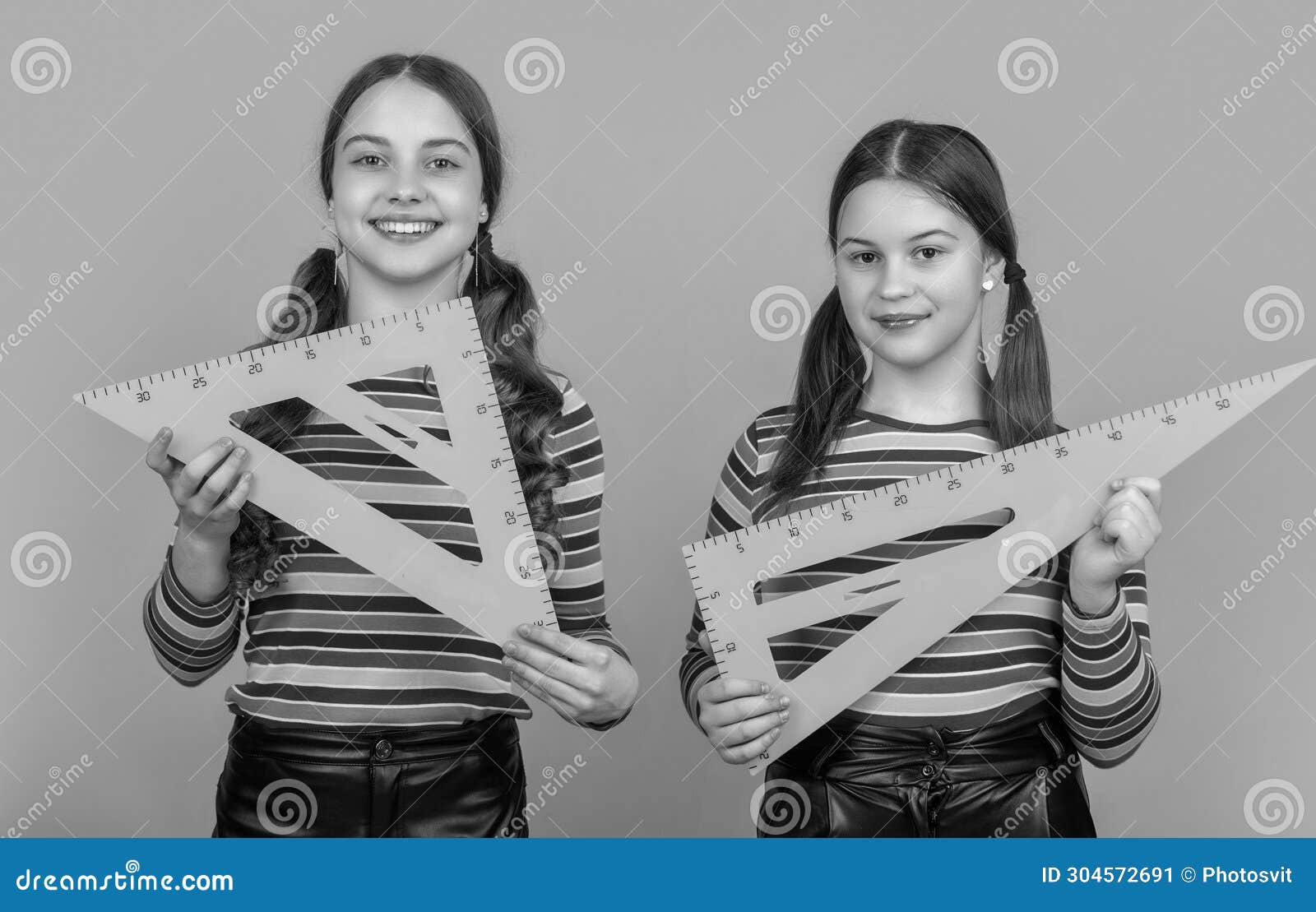 Happy School Children Hold Math Tool of Triangle Stock Image - Image of ...