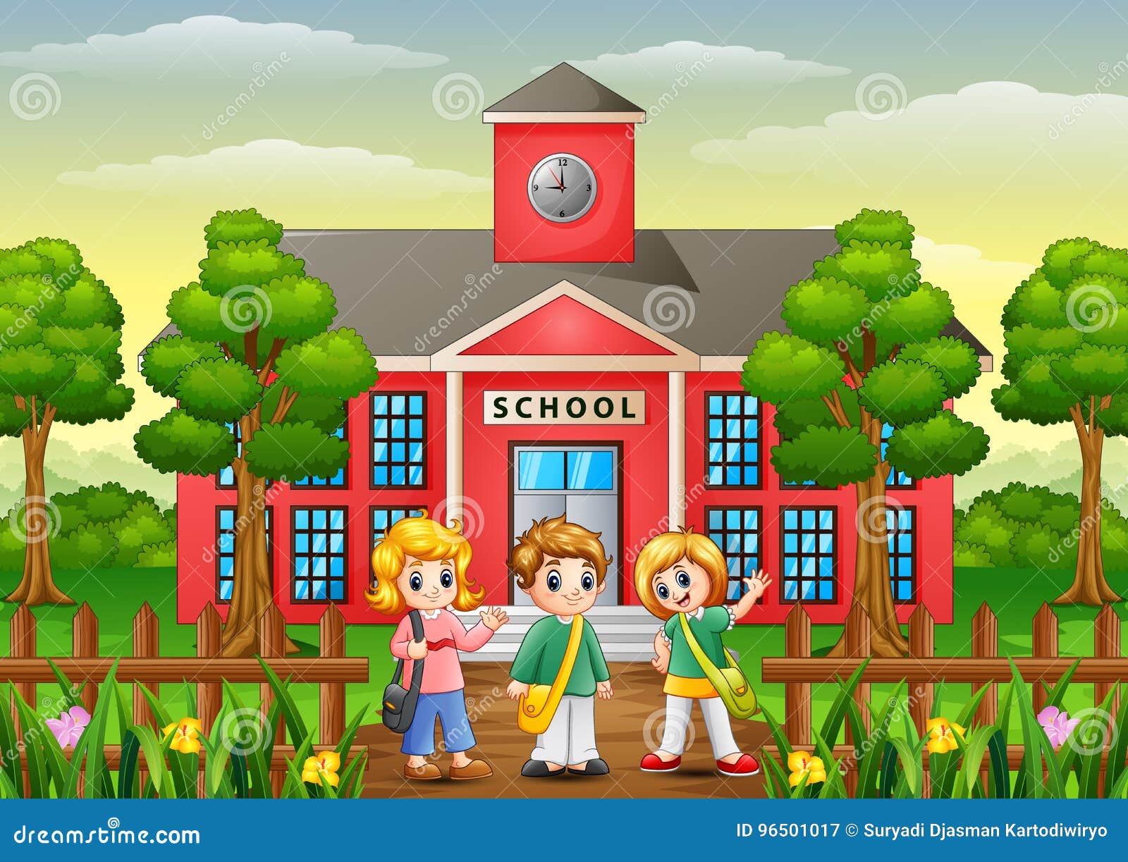 Happy School Children Standing In Front Of School Building Cartoon ...