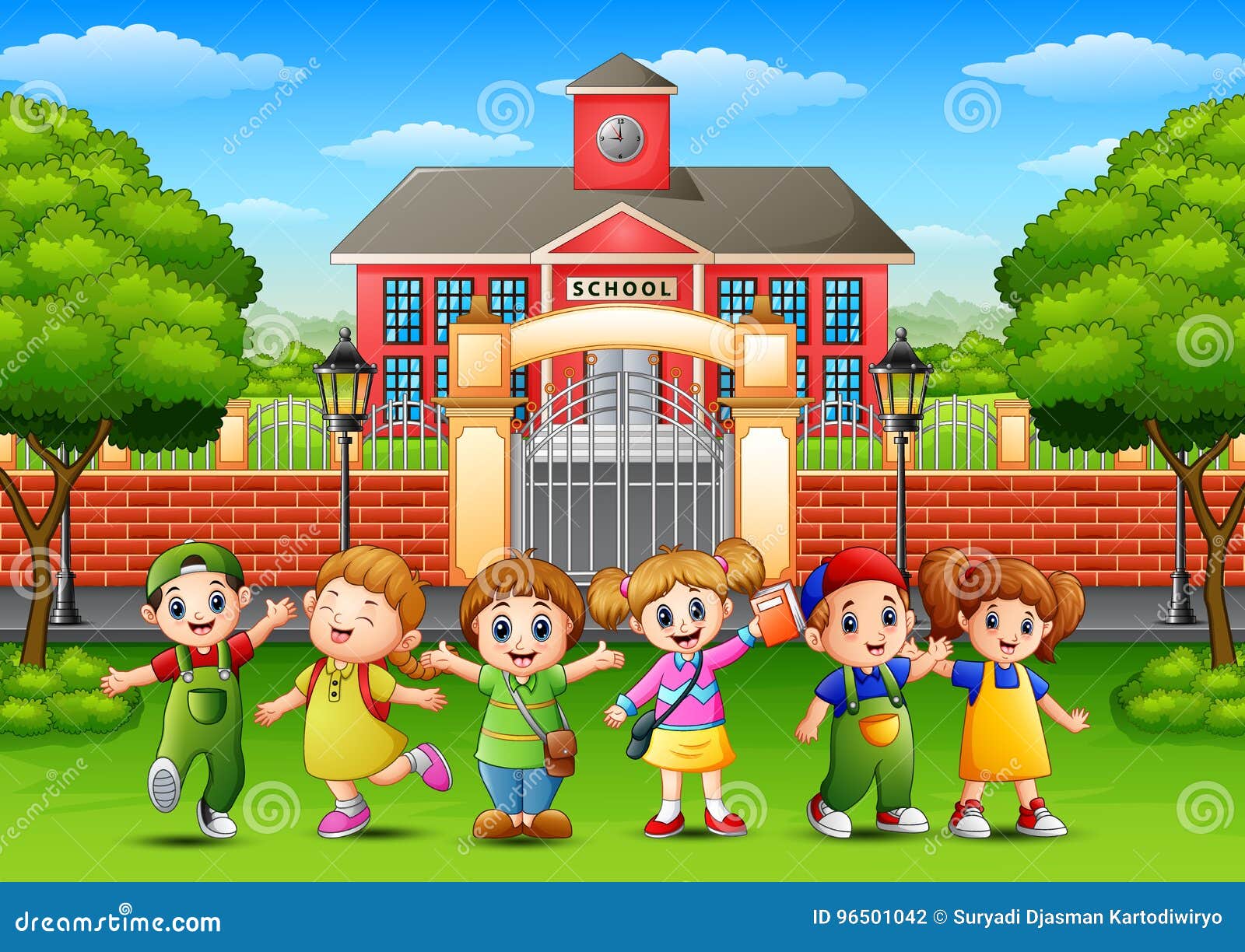 Happy School Children Standing in Front of School Building Stock Vector ...