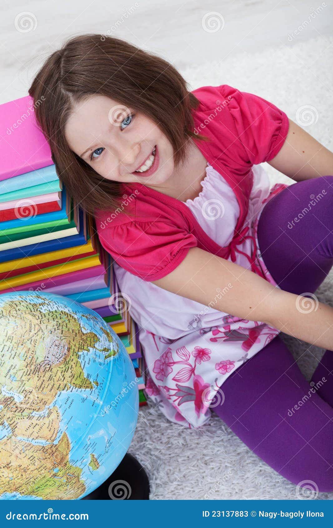 Happy School Girl with Books and Globe Stock Image - Image of books ...