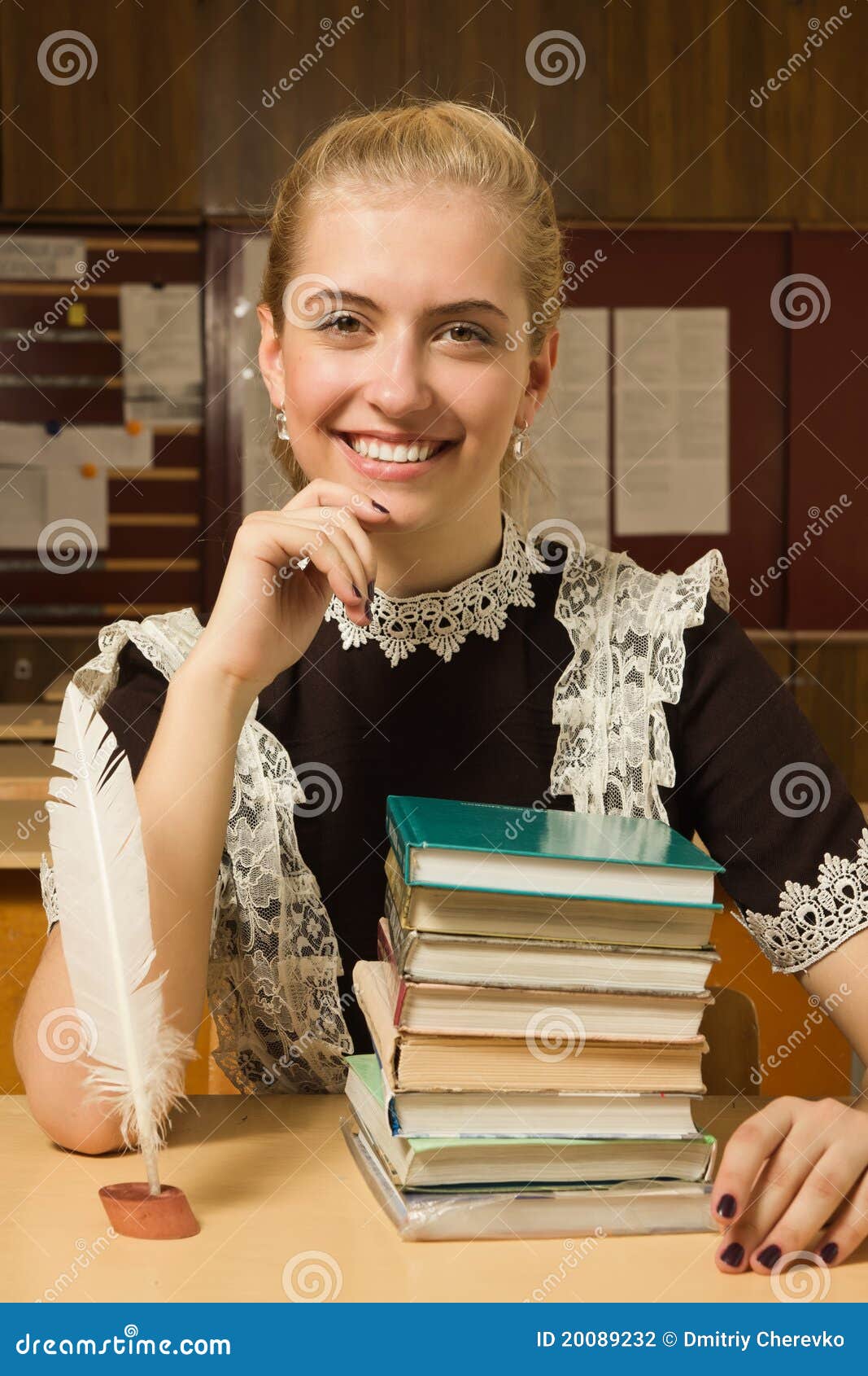 Happy School Girl at Her Desk Stock Photo - Image of beautiful ...