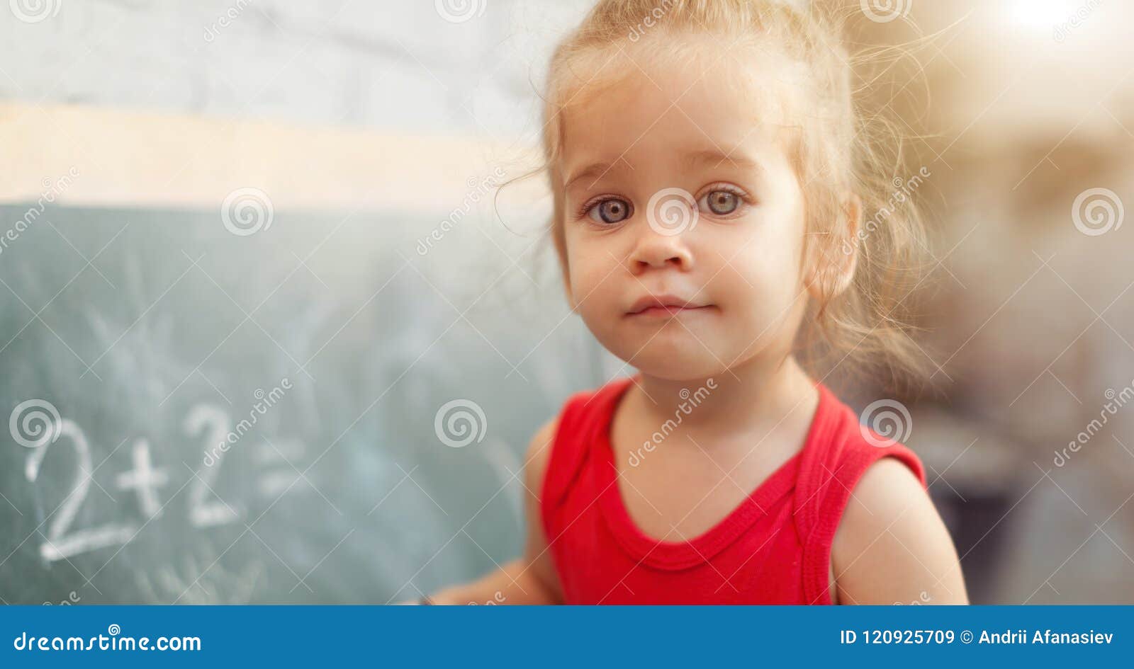 Happy School Girl on Math Classes in Kindergarten Finding Solution and ...