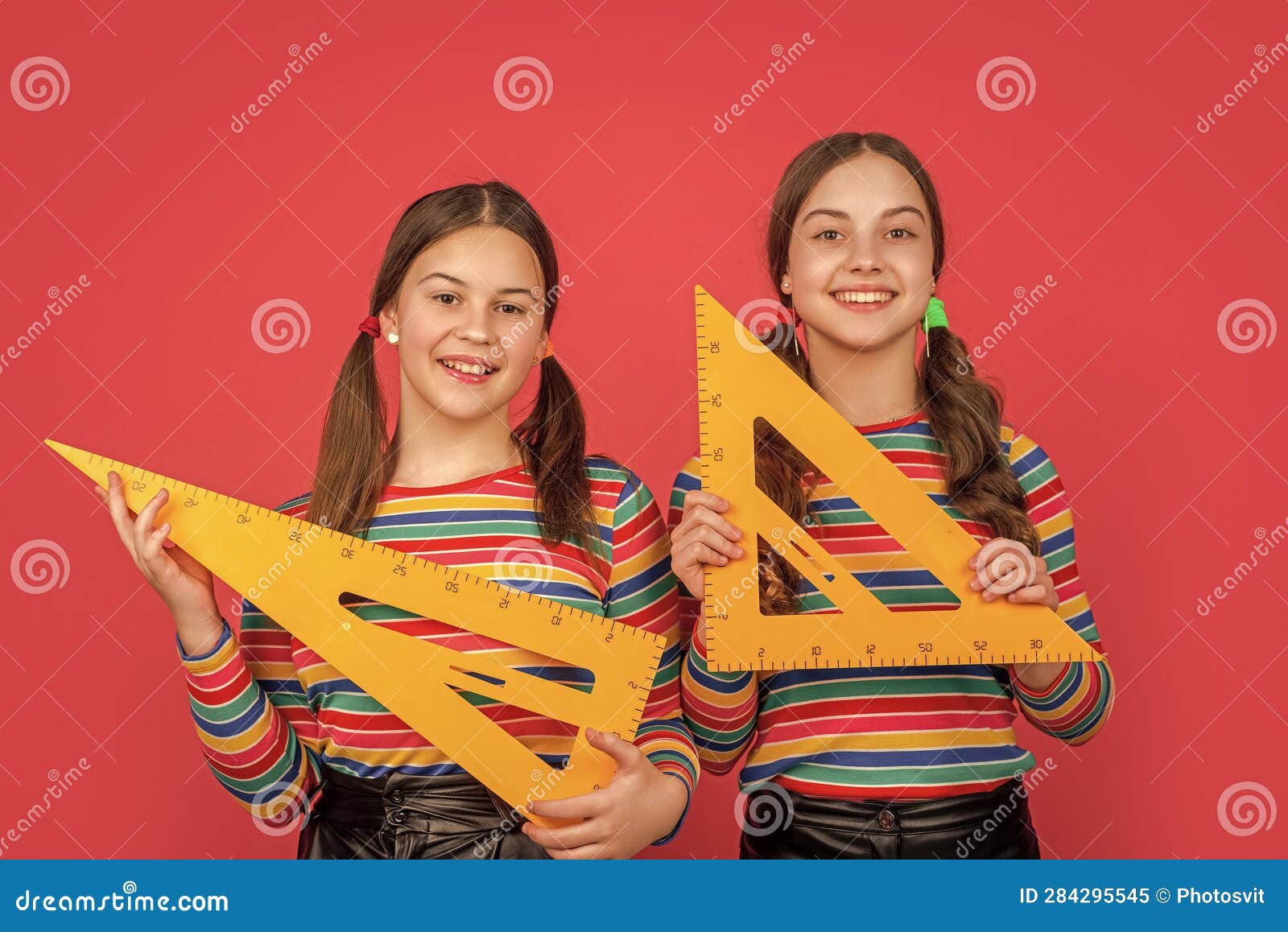 Happy School Girls Hold Math Tool of Triangle Stock Image - Image of ...
