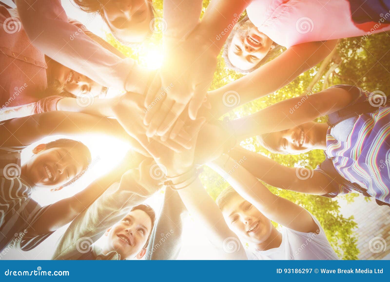 Happy School Kids Forming Hand Stack in Campus Stock Image - Image of ...