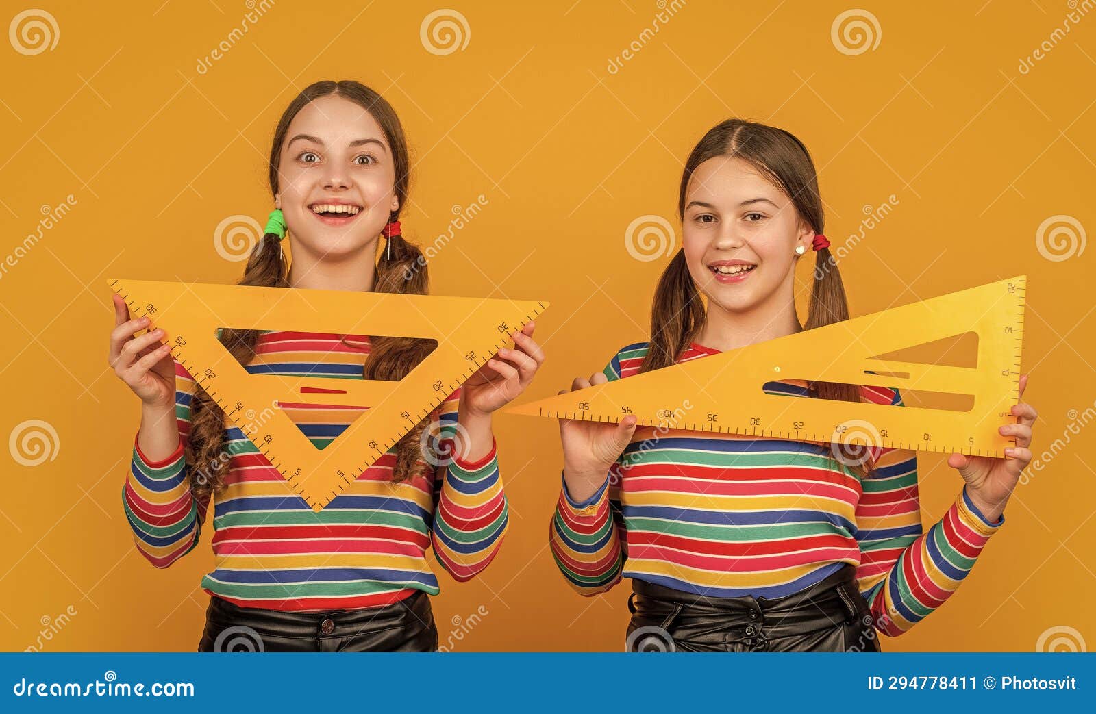 Happy School Kids Hold Math Tool of Triangle Stock Image - Image of ...