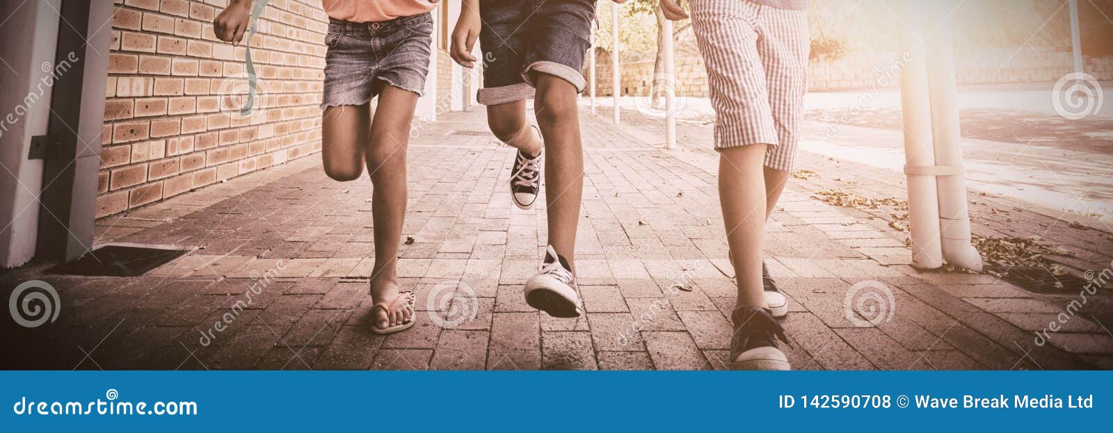 Happy School Kids Running in Corridor Stock Photo - Image of ...